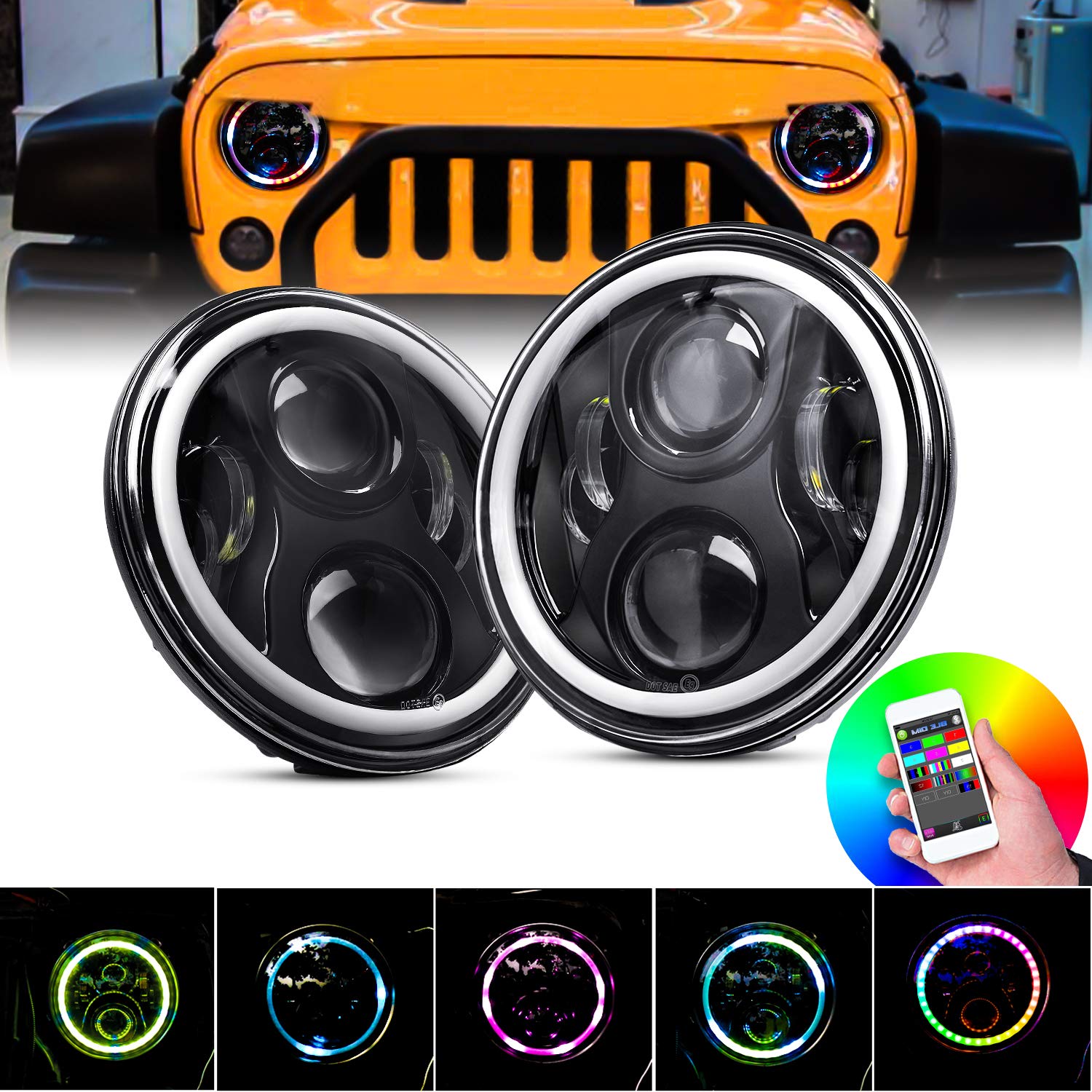 DOT Approved 7 inch RGB LED Headlights for Wrangler JK LJ TJ CJ Hummer ...