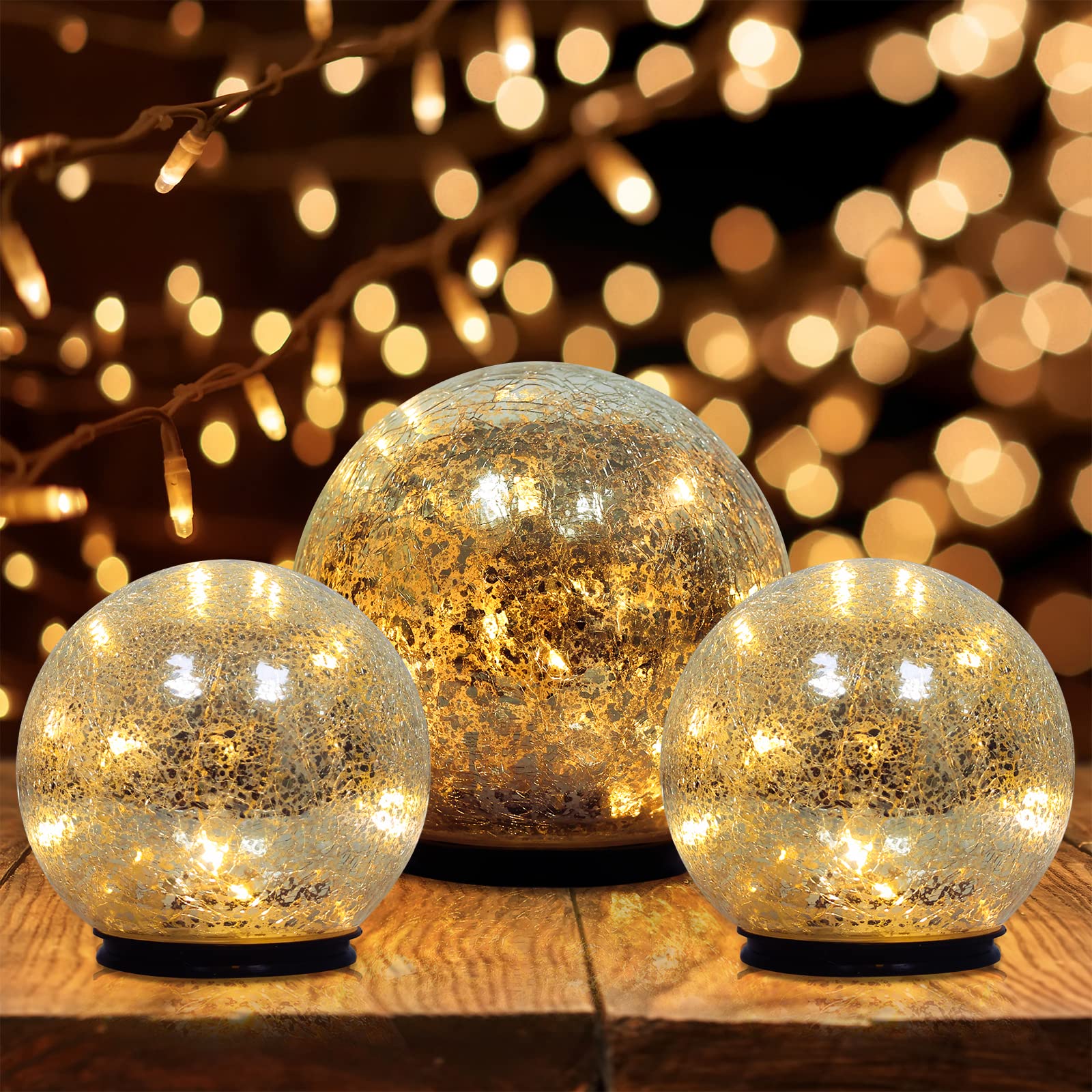 PHITRIC Crackle Glass Ball LED Light, 3 Pack Lighted Mercury Glass Orb ...