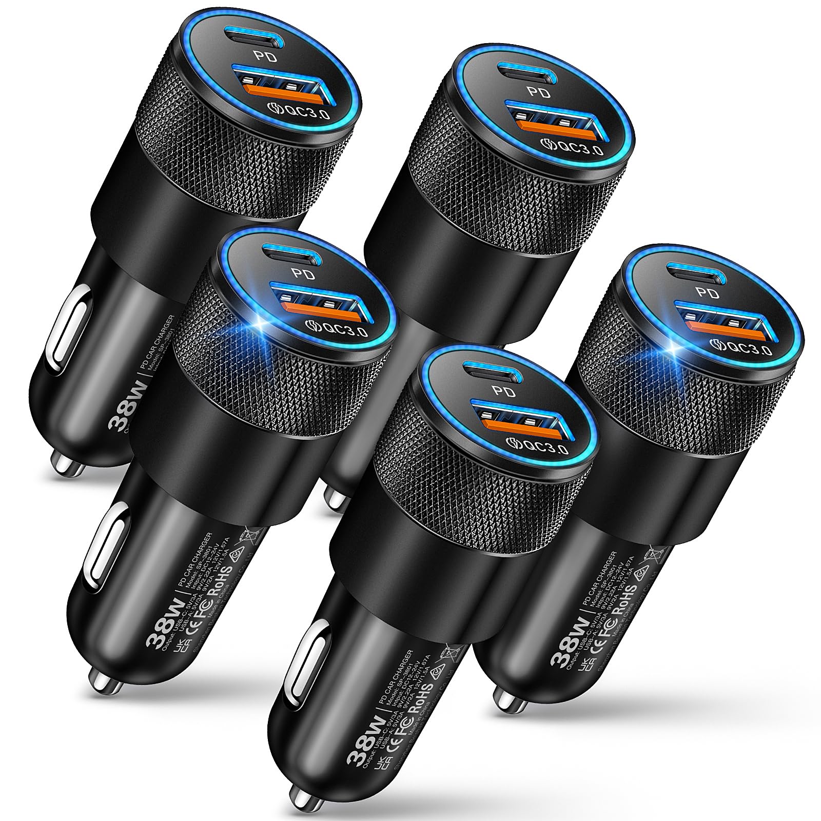 Amazon.com: USB C Car Charger, 5 Pack 38W Dual Ports USB-C & USB-A Car ...