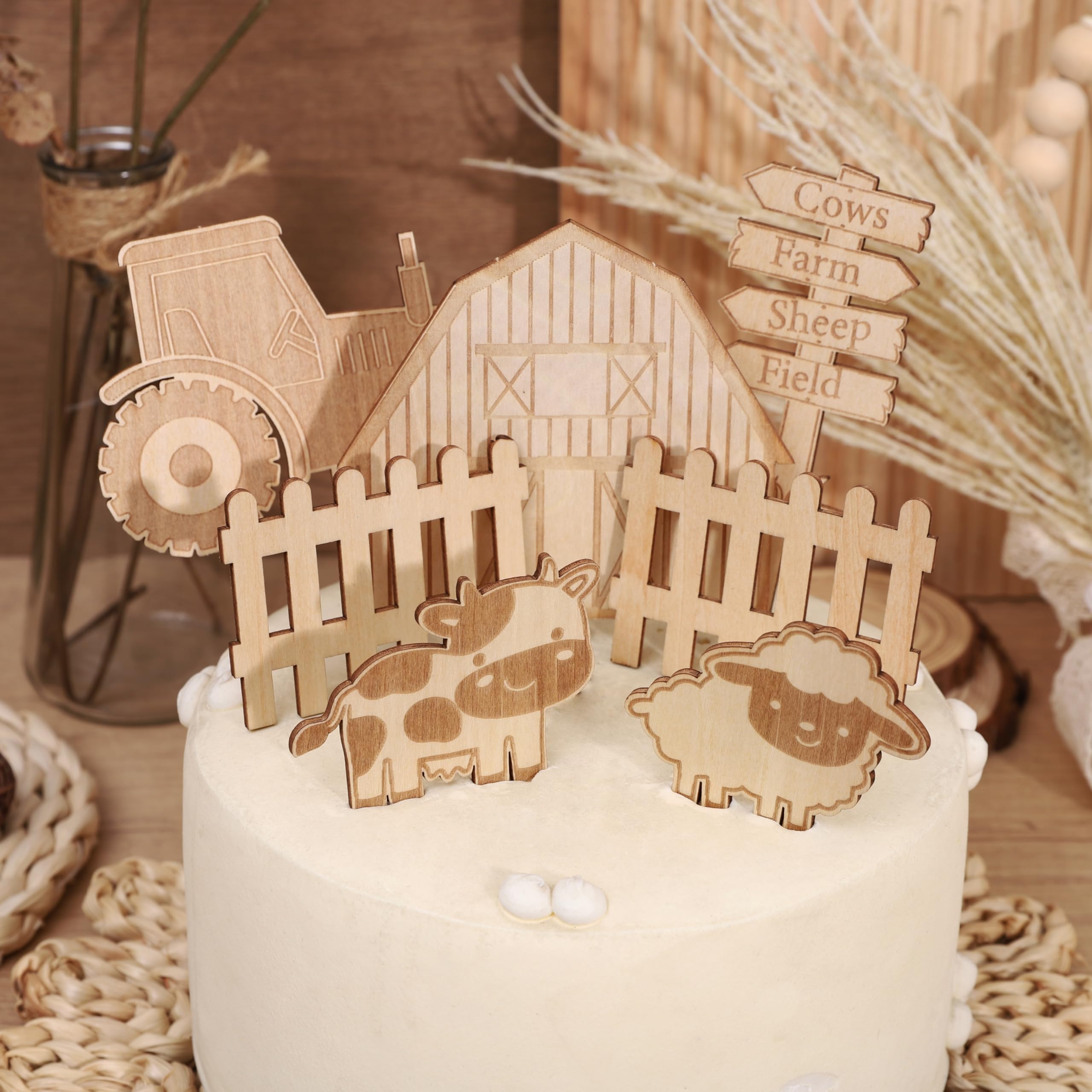 Amazon.com: Wooden Farm Cake Topper Set - Farm Animal Theme Birthday ...