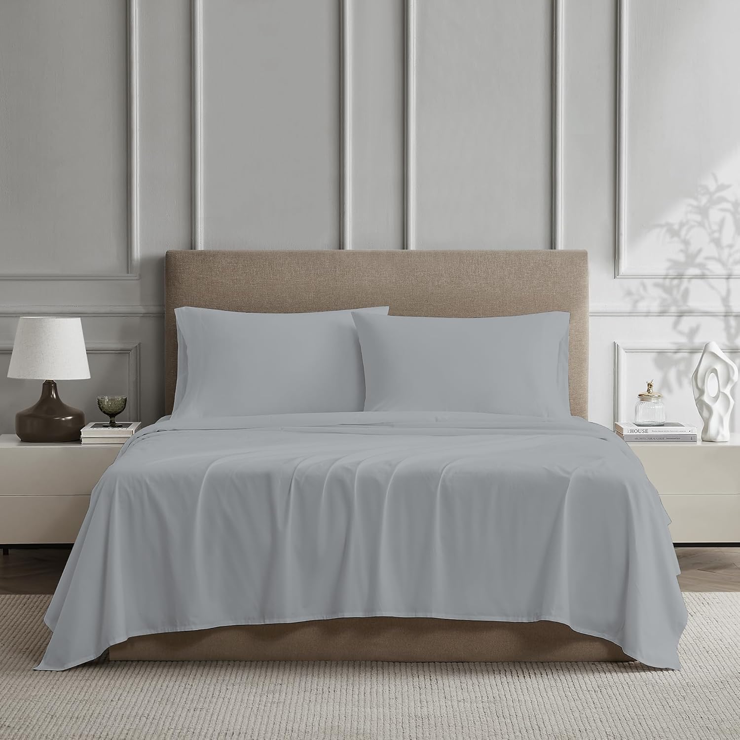Amazon.com: Color Sense Light Gray Queen Sheets Set, Brushed Percale Weave Cotton Rich Sheets ...