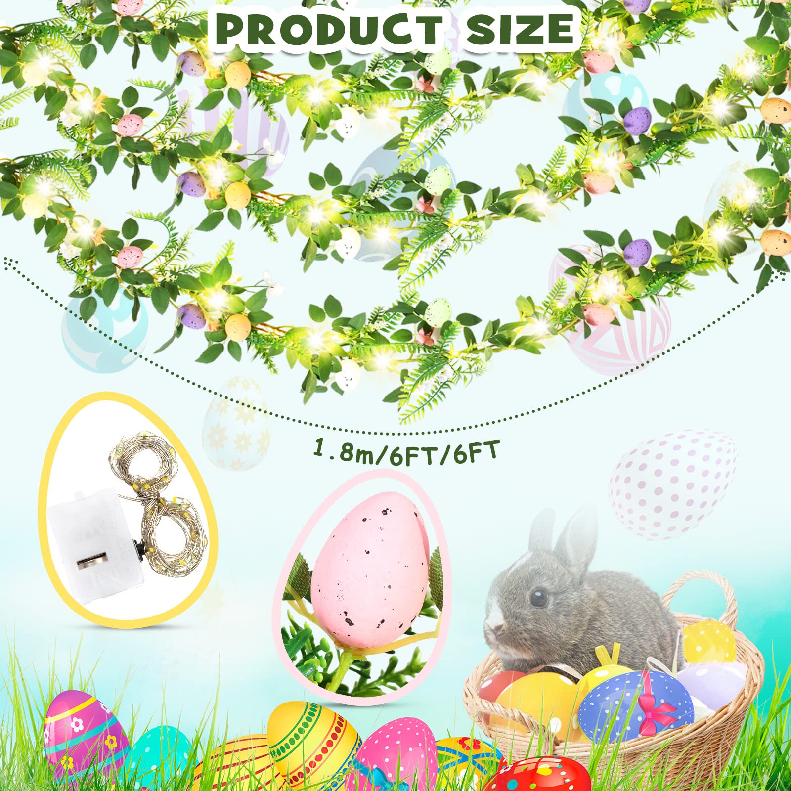 2 Pcs 6 ft Lighted Easter Garland Artificial Garlands with Easter Egg ...