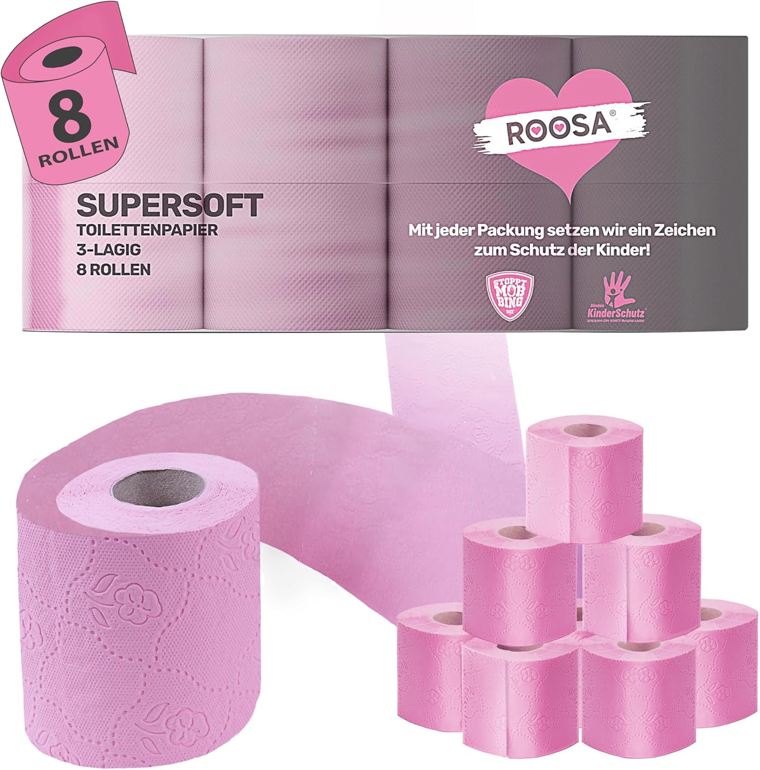 ROOSA® Toilet Paper Pack of 8 | Super Soft Pink | 3-Ply 130 Sheets ...