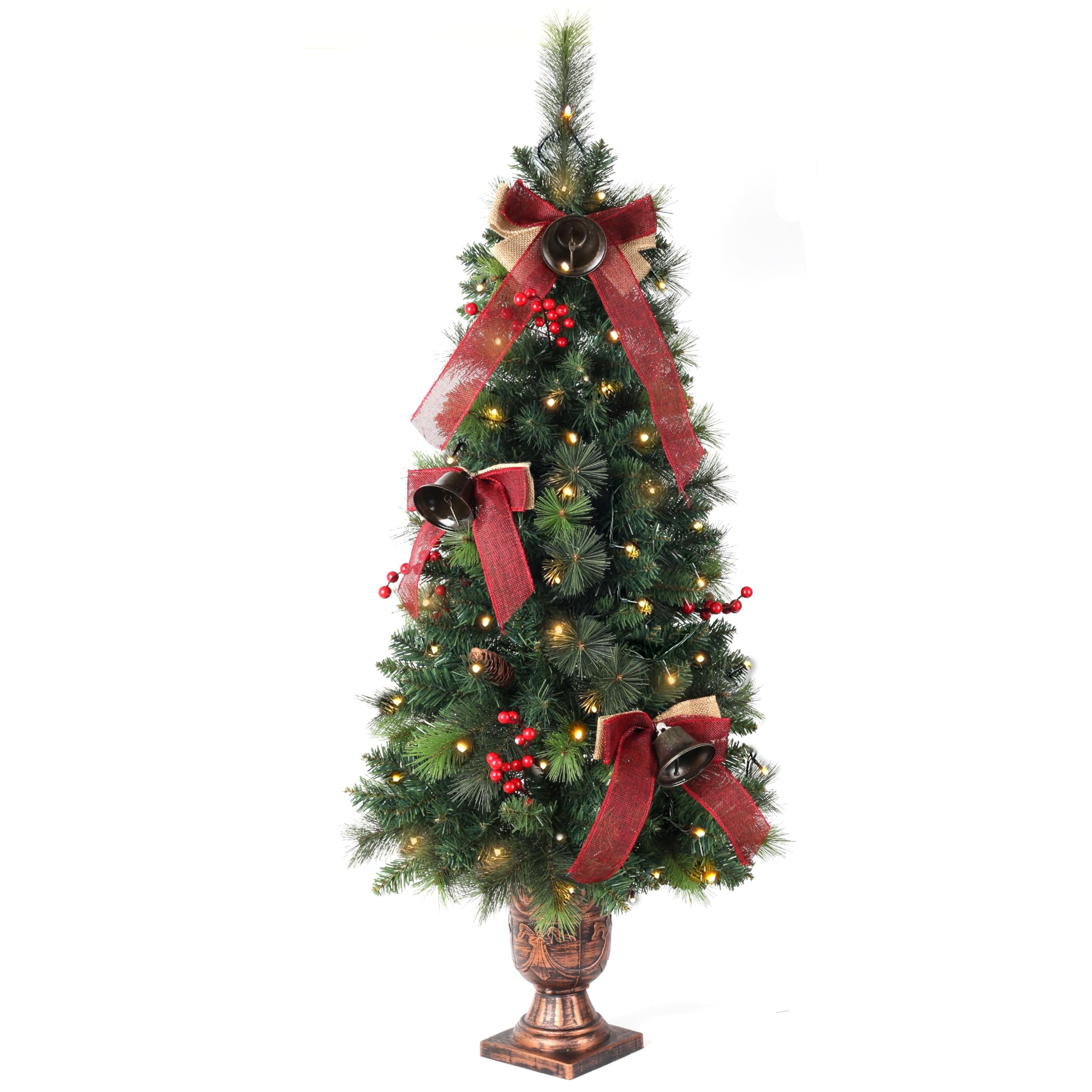 Pre-lit Artificial Christmas Tree 120cm/4ft,Potted Decorated Pine Xmas ...