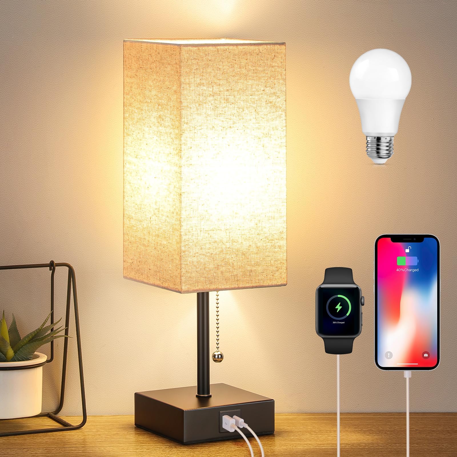 Table Lamp - Bedside Lamp with 4 USB Ports and AC Power Outlets, Alarm ...