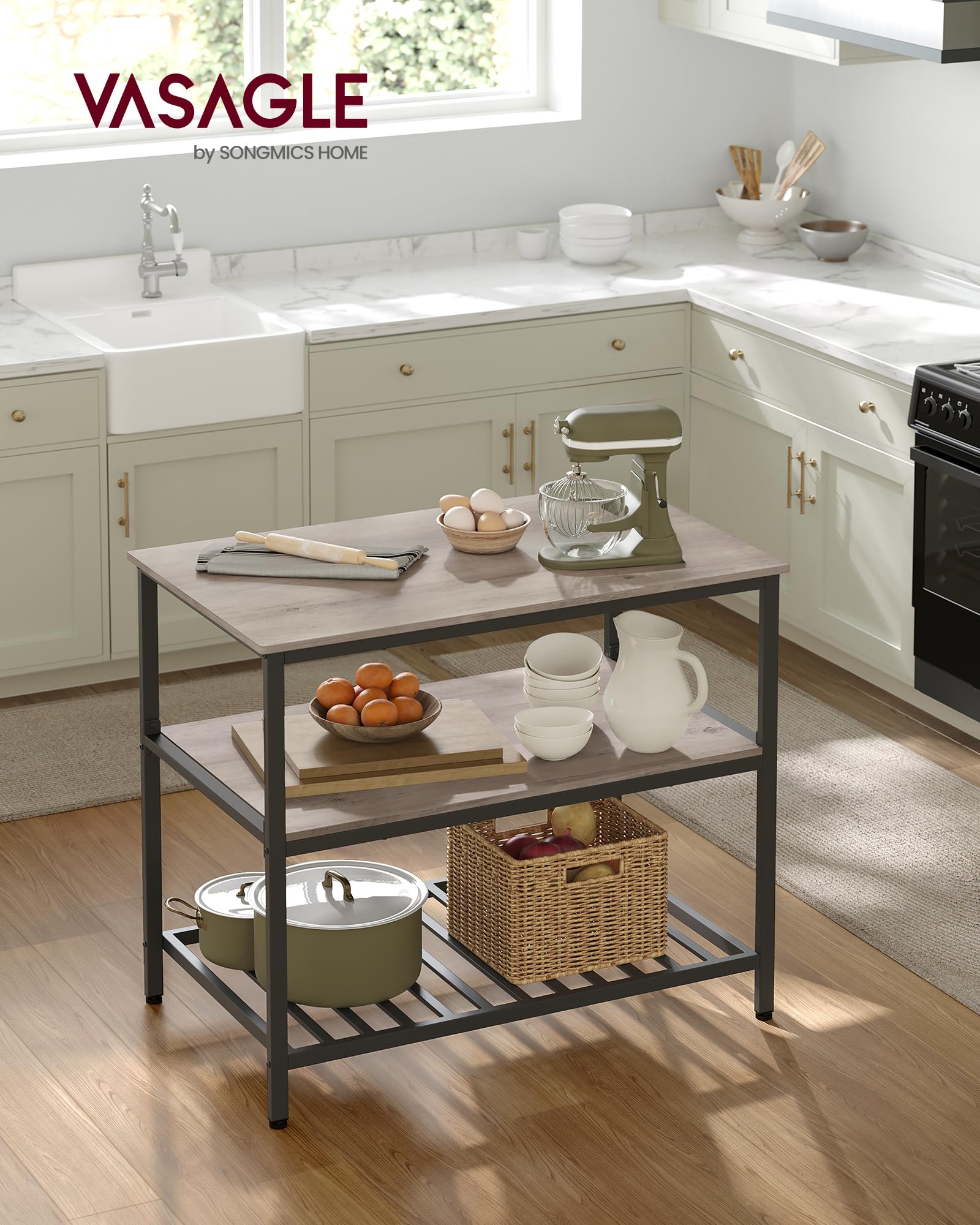 VASAGLE Kitchen Island with 3 Shelves, 39.4 Inches Kitchen Shelf with ...