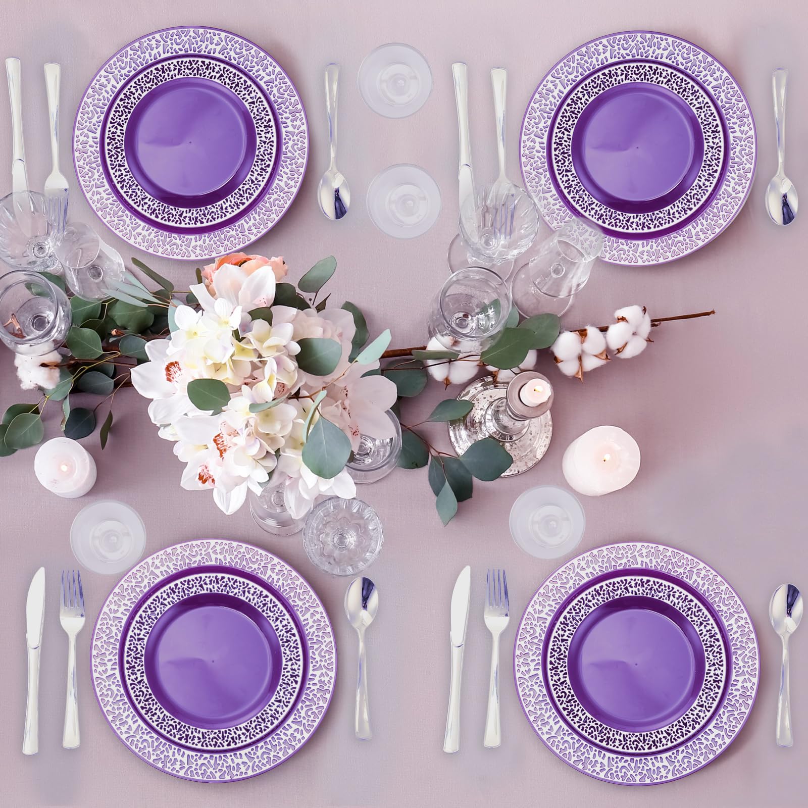 Norme 450 Pcs Purple Silver Plastic Party Plates Sets Include 75 Dinner ...