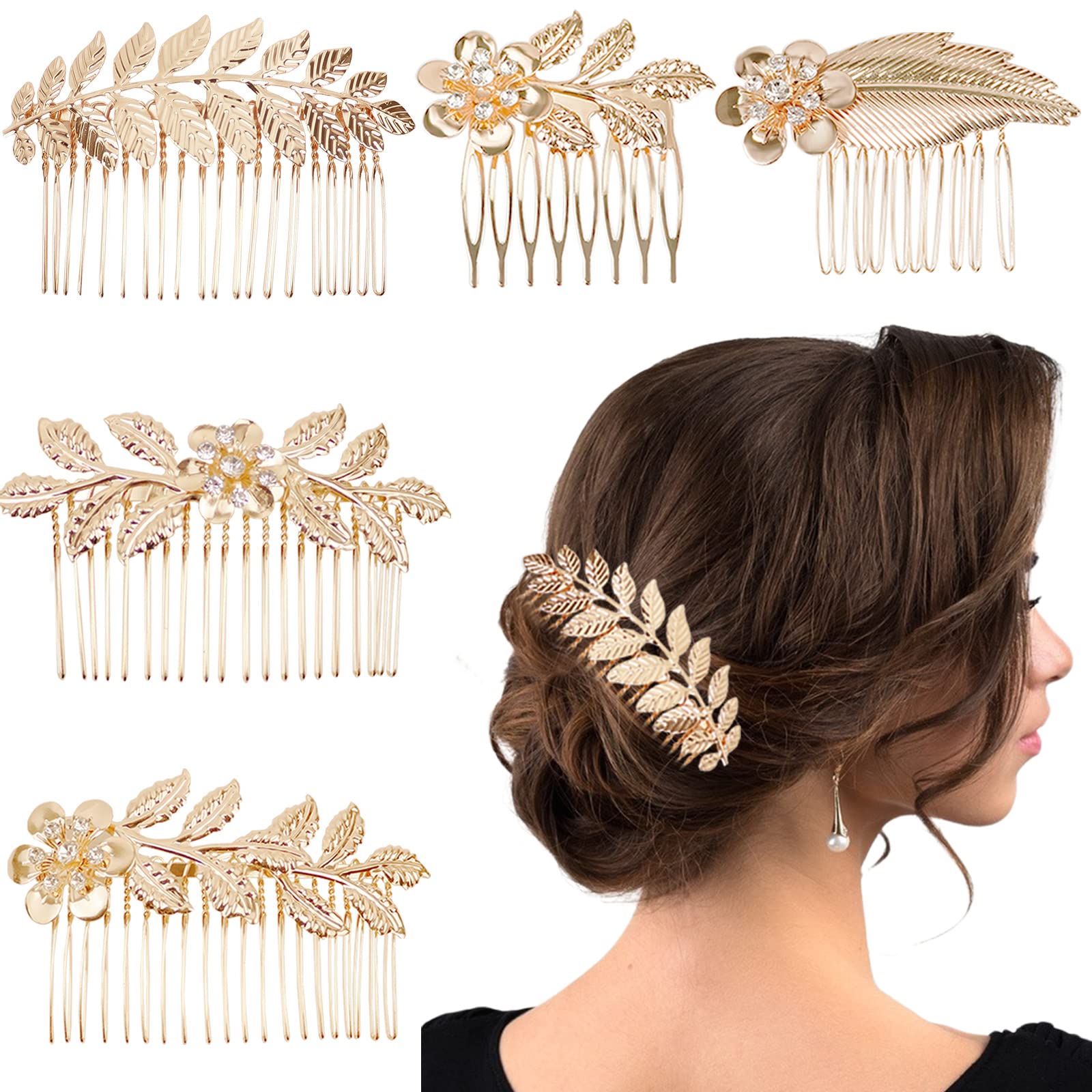 Amazon.com : 5 PCS Leaf Hair Side Combs Gold Rhinestone Hair Comb Clips ...