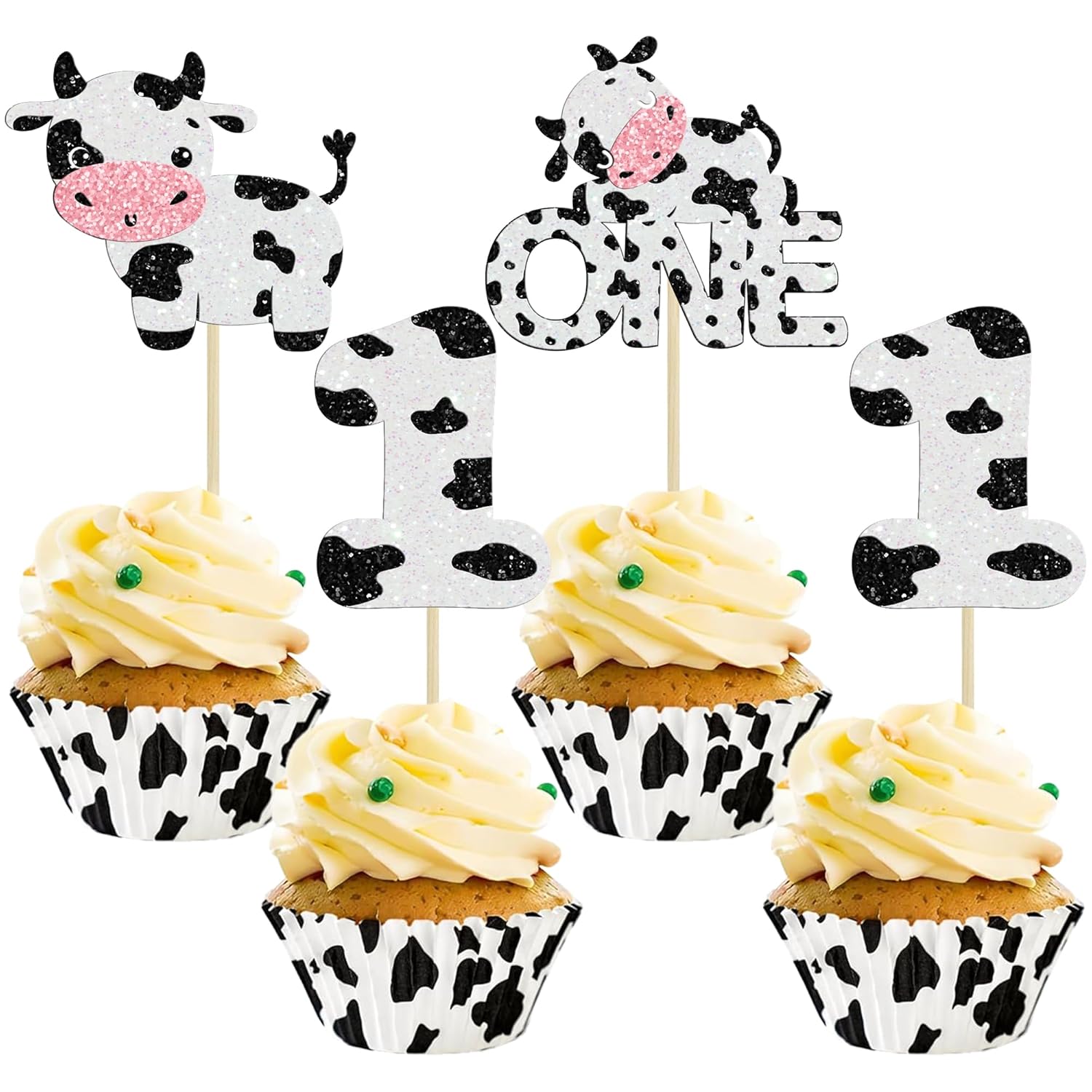 Amazon.com: Gyufise 24Pcs Cow One Cupcake Toppers Glitter Farm Animals ...
