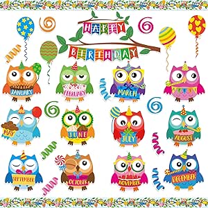 Amazon.com : Colorful Owls Cut-Outs Happy Birthday Bulletin Board Set ...