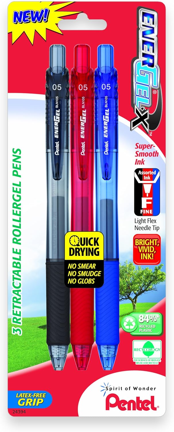 Amazon.com: Pentel EnerGel-X Retractable Liquid Gel Pen 0.5mm, Needle Tip, Assorted Ink (3 Pack ...
