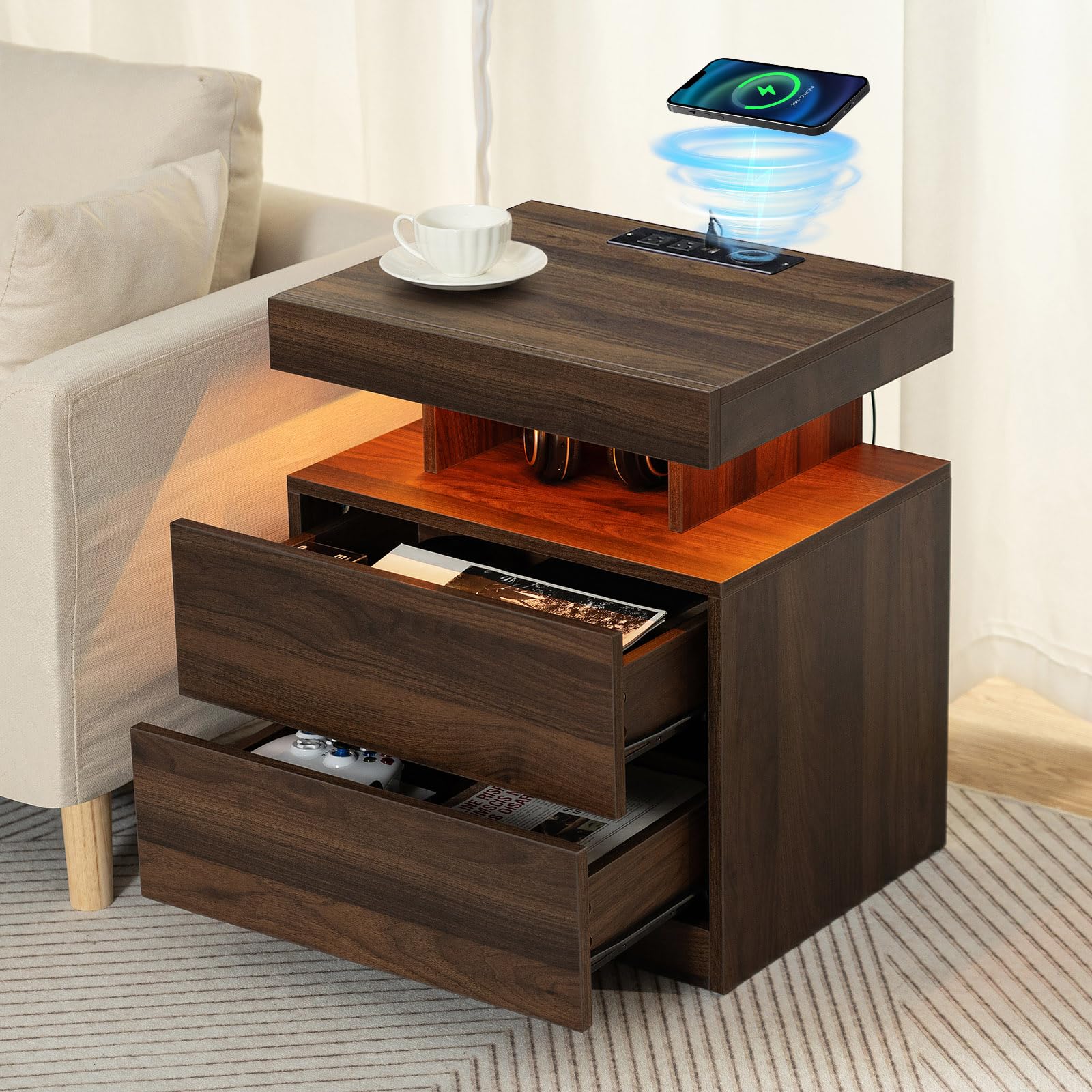 Amazon.com: HOMMPA Rustic Nightstand with Wireless Charging Station LED ...