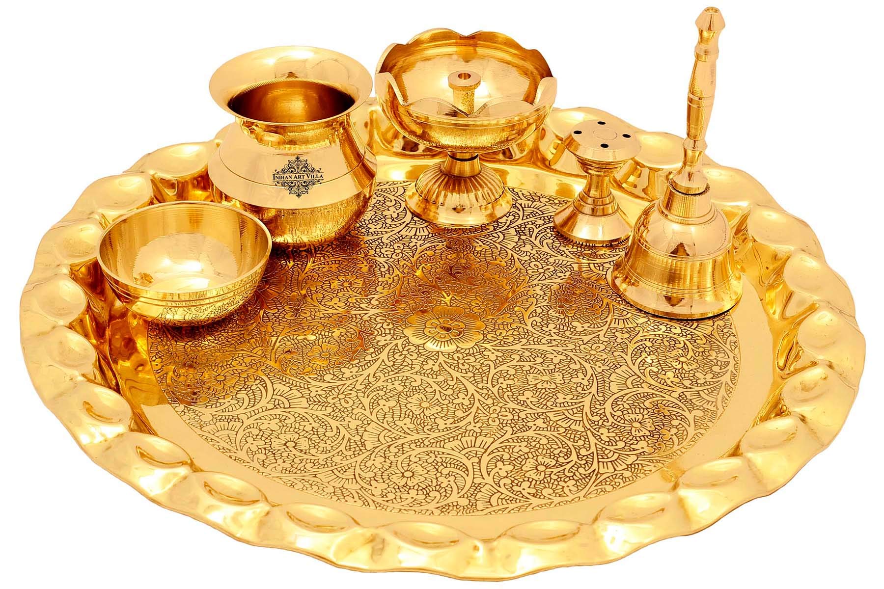 INDIAN ART VILLA Pure Brass Pooja Thali Set with Floral Vines Embossed ...