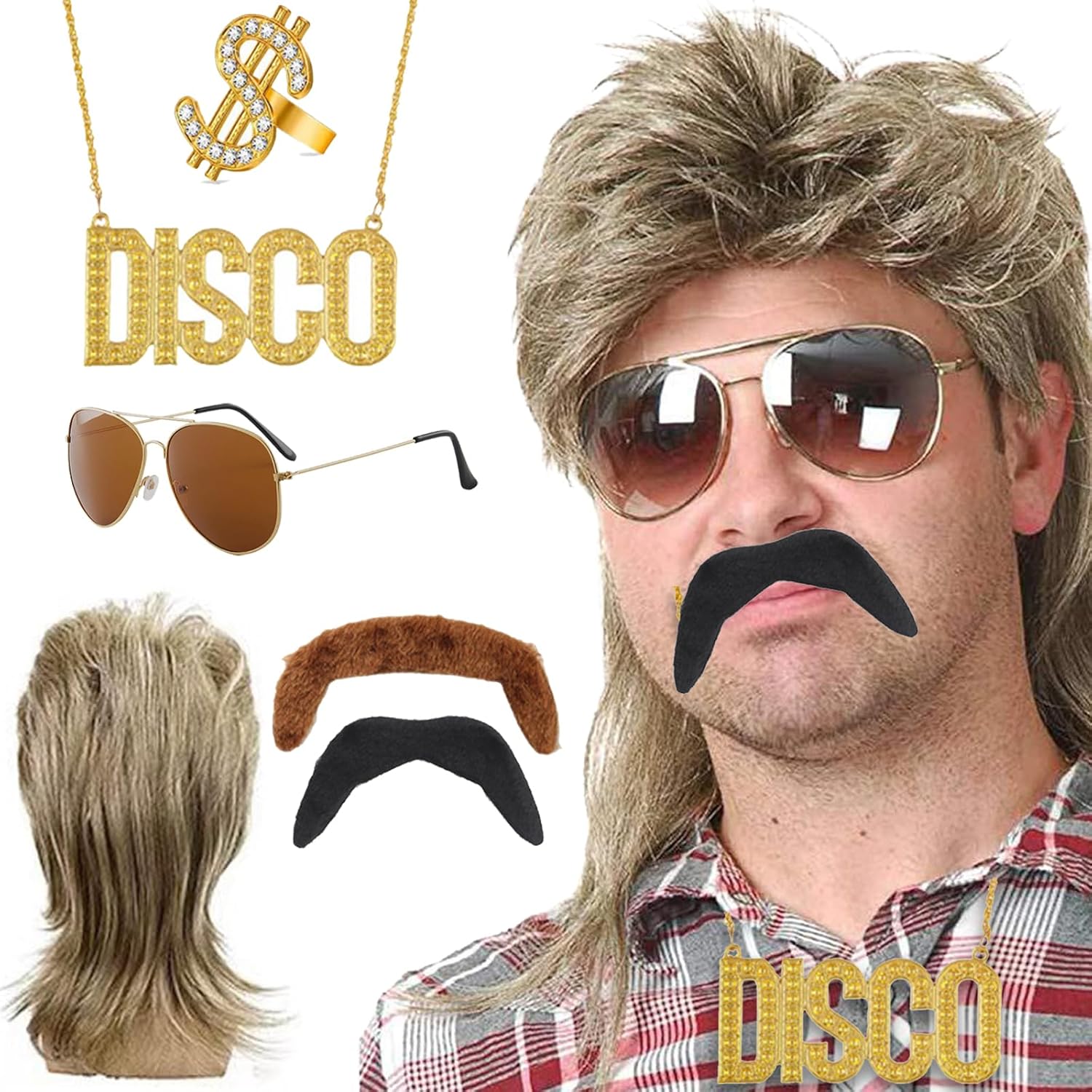 BDSHUNBF 6 Pcs Disco Hippie Costume, Blonde Mullet Wig Curly, 70s 80s ...