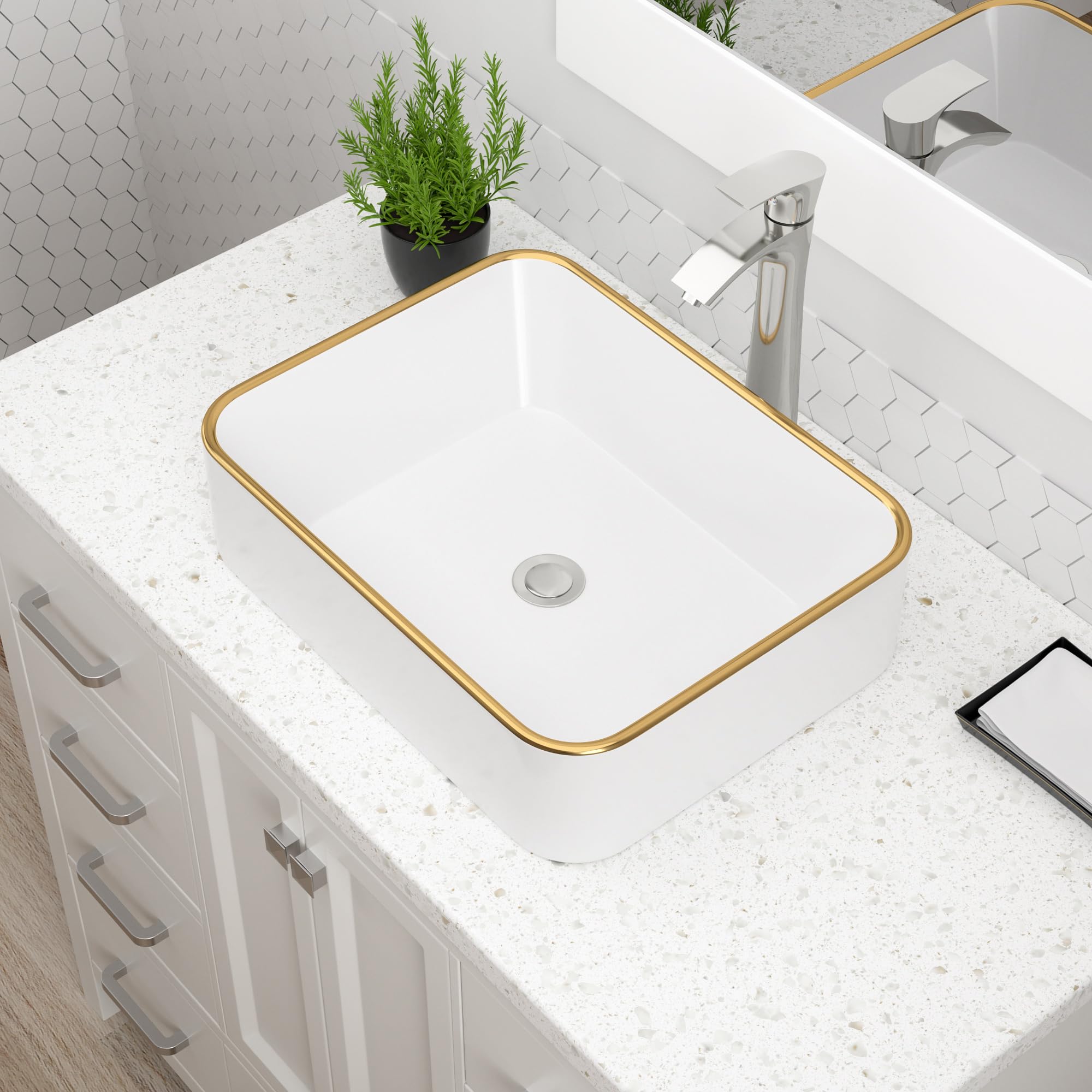Vessel Sink Rectangular, Dcolora 19"x15" White Vessel Sink with Glod ...