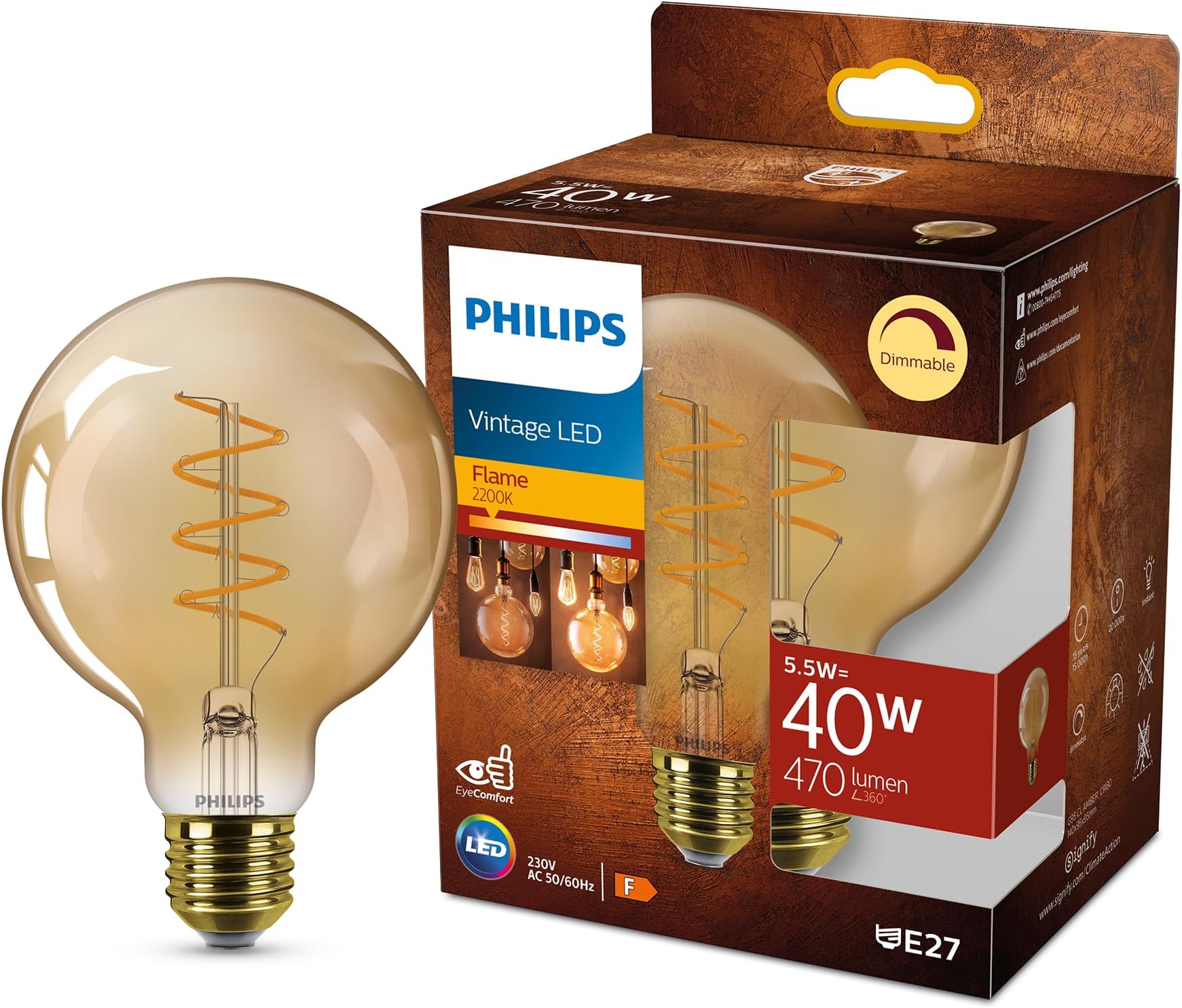 Philips Ampoule LED Vintage Ambrée 40 W, Culot E27, Blanc Chaud 2200K ...