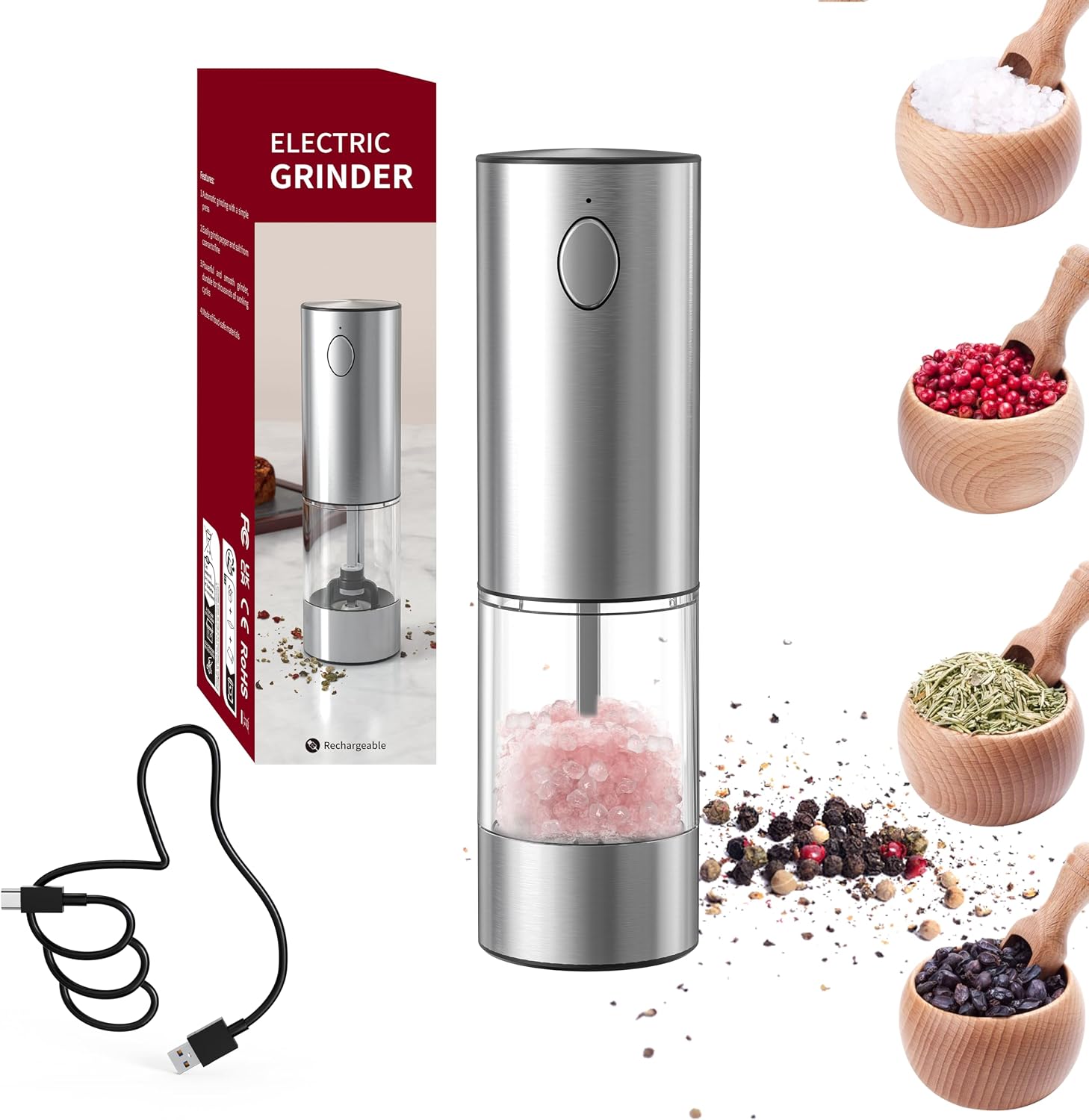 Amazon.com: HSJAYAH Electric Salt and Pepper Grinder, USB Rechargeable ...