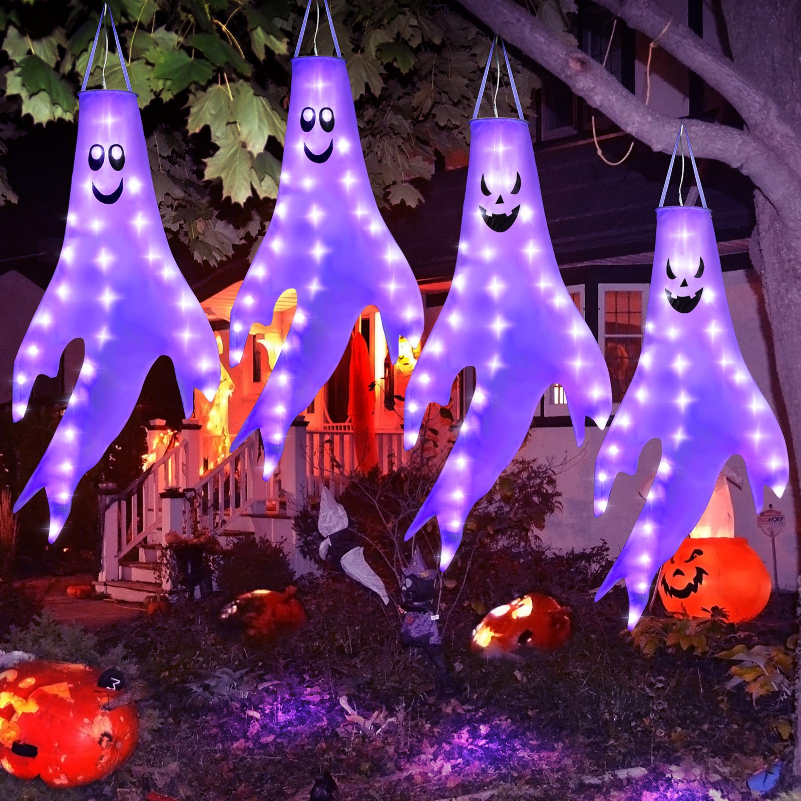Snapklik.com : 4 Pack Halloween Ghost Windsocks, Solar Powered Glowing ...