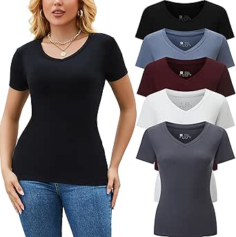 Amazon.com: Vomidia Paquete de 5 camisetas básicas de manga corta para mujer, cuello en V ...