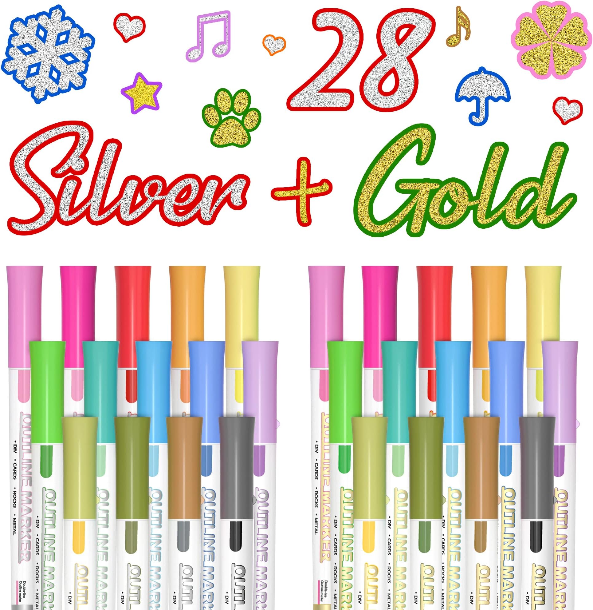 Shuttle Art Double Line Outline Pens, 14 Silver and 14 Gold Metallic ...