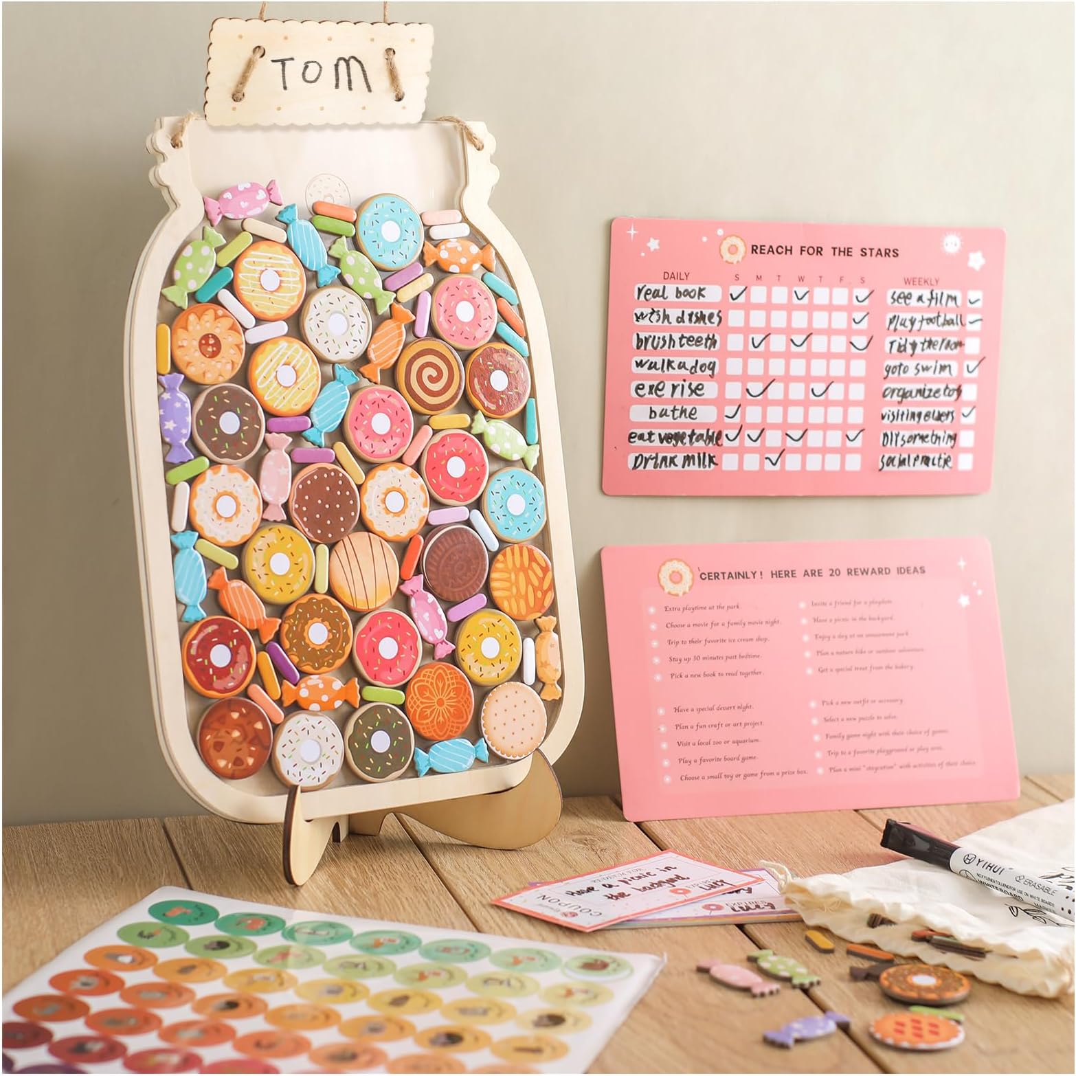 OESSUF Magnetic Reward Jar for Kids, Large Wooden Reward Jars with ...