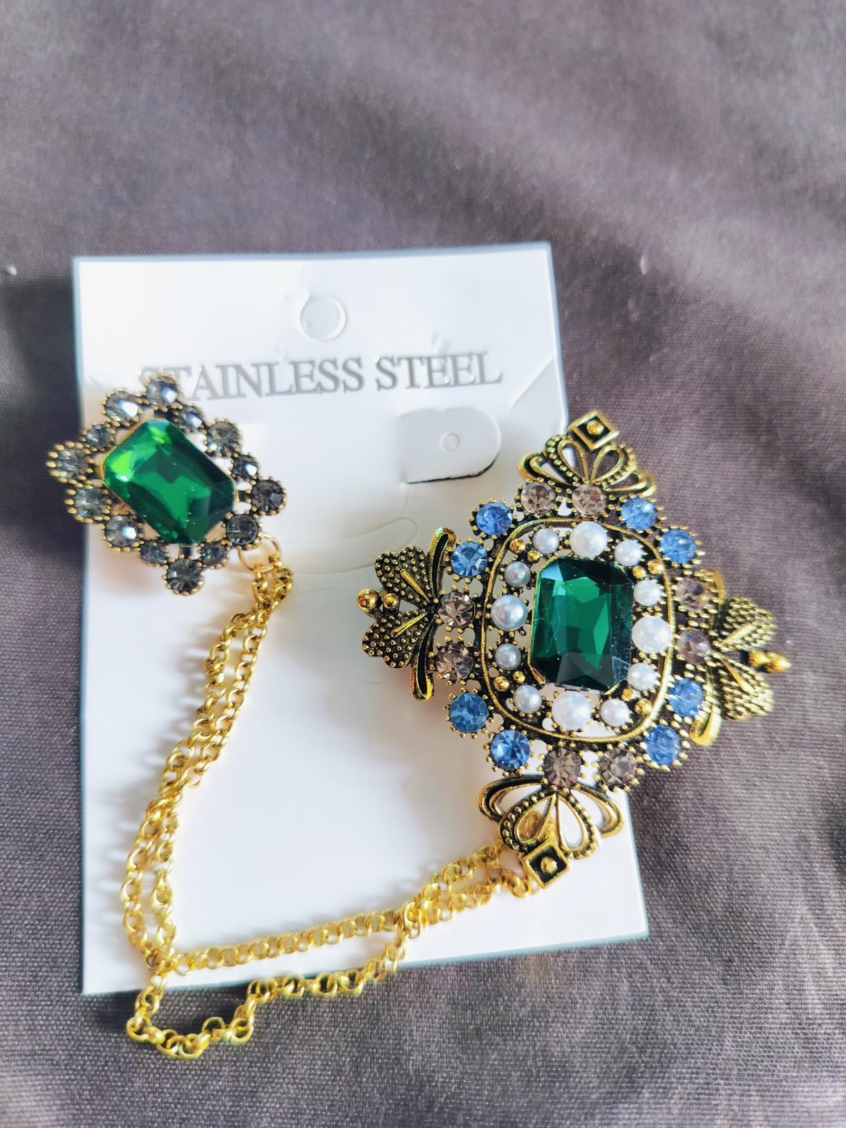 Venzina® Double Chain Brooch for Men Women Vintage Metal Green Stone ...