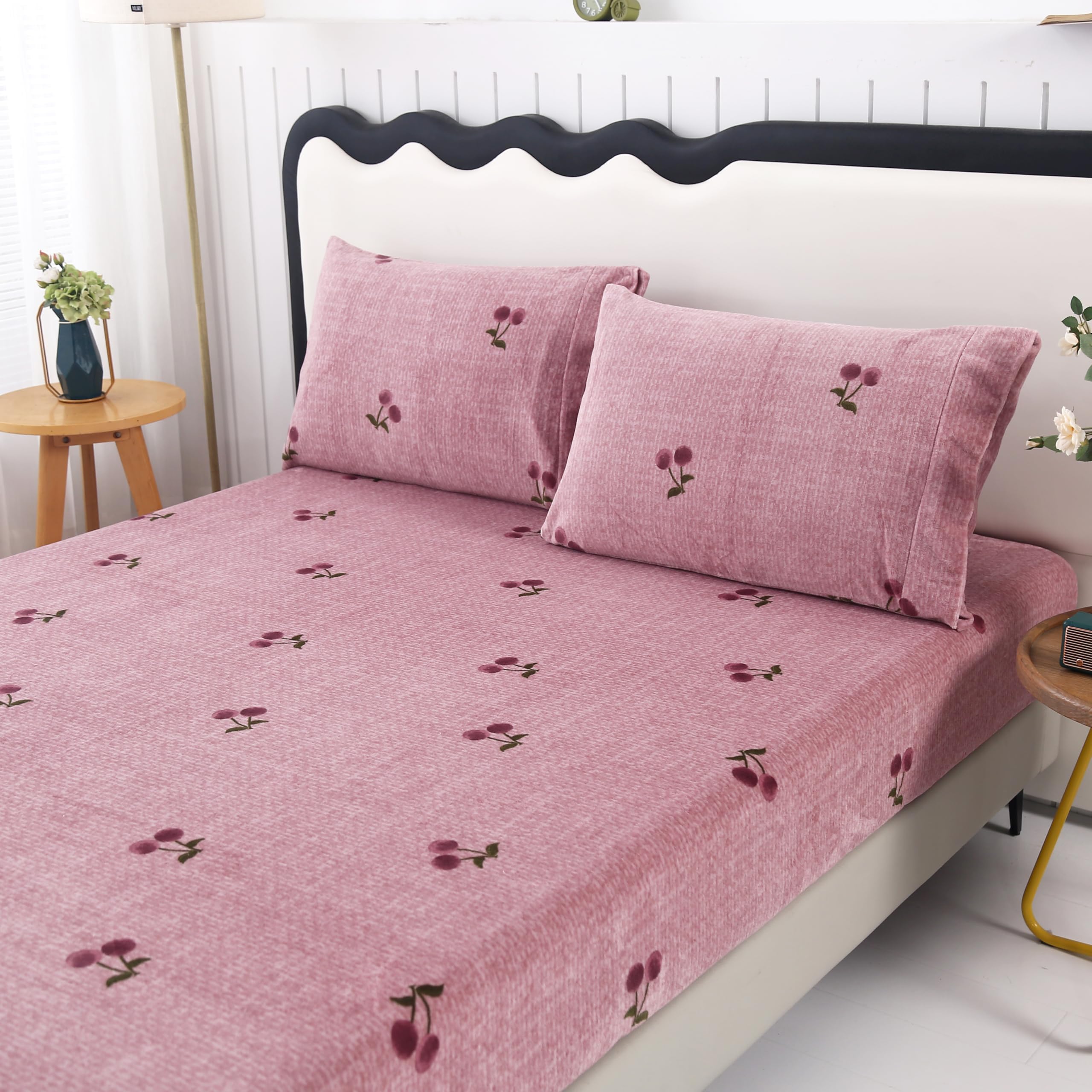 Amazon.com: MAG 3Pcs Pink Twin Flannel Cherry Bed Sheets,Cute Bed ...