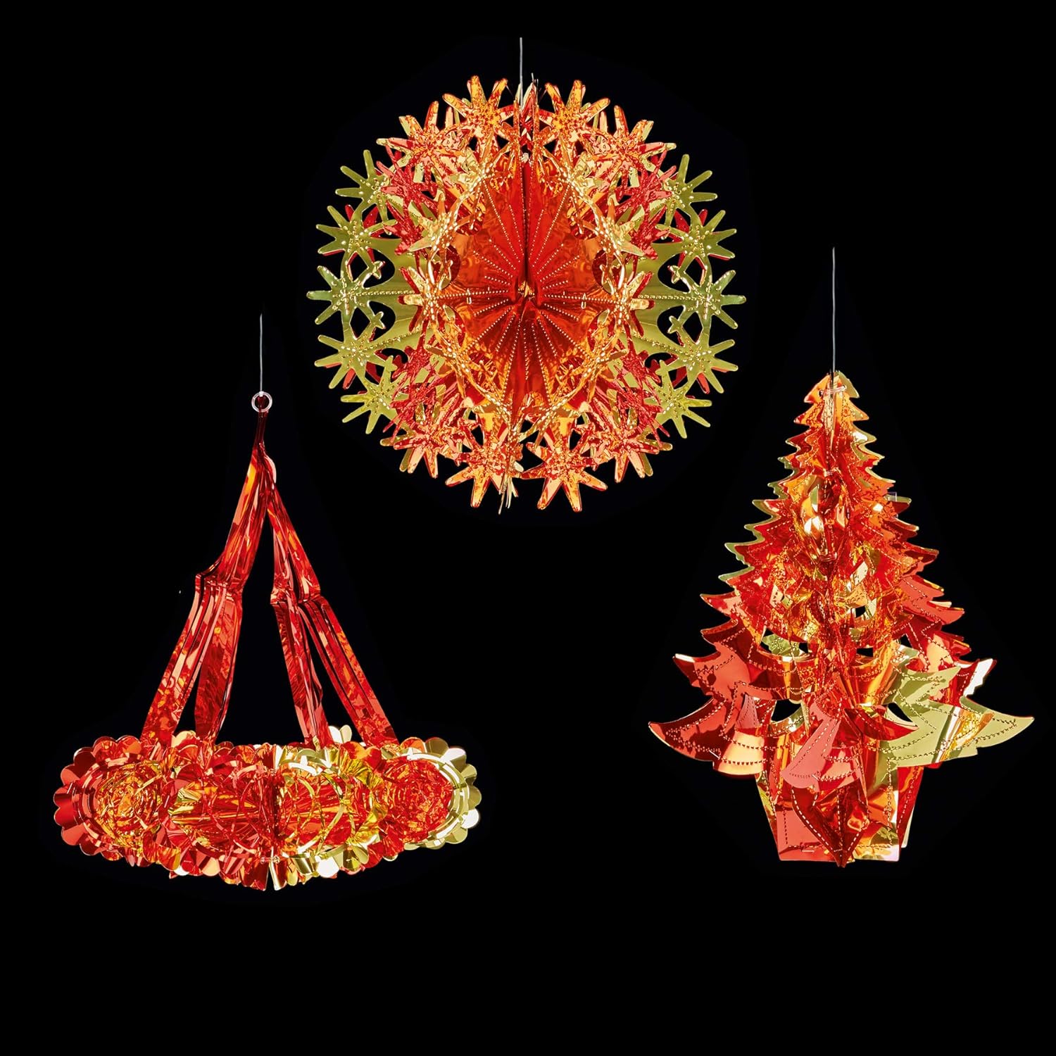 SET of 3 Christmas Foil Ceiling Decoration Hanging 30cm-40cm Red & Gold ...