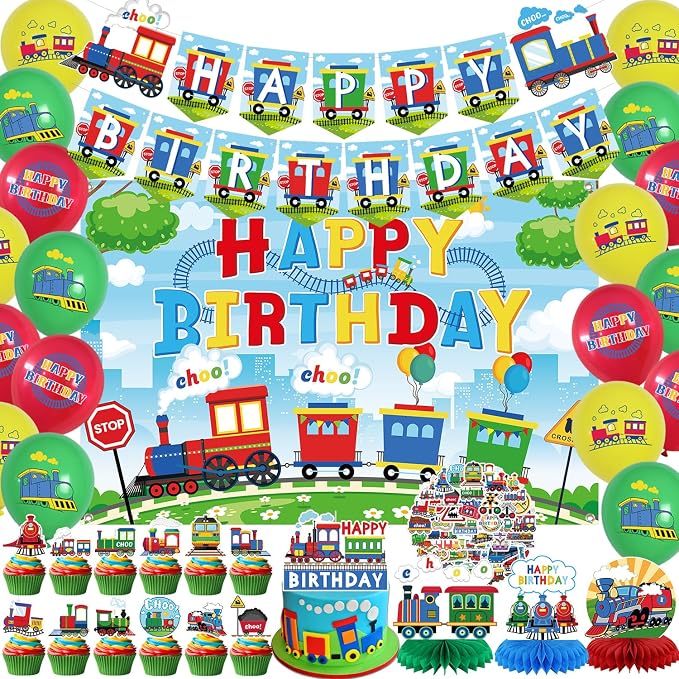 Amazon.com: Train Party Decorations , Includes Happy Birthday Banner ...