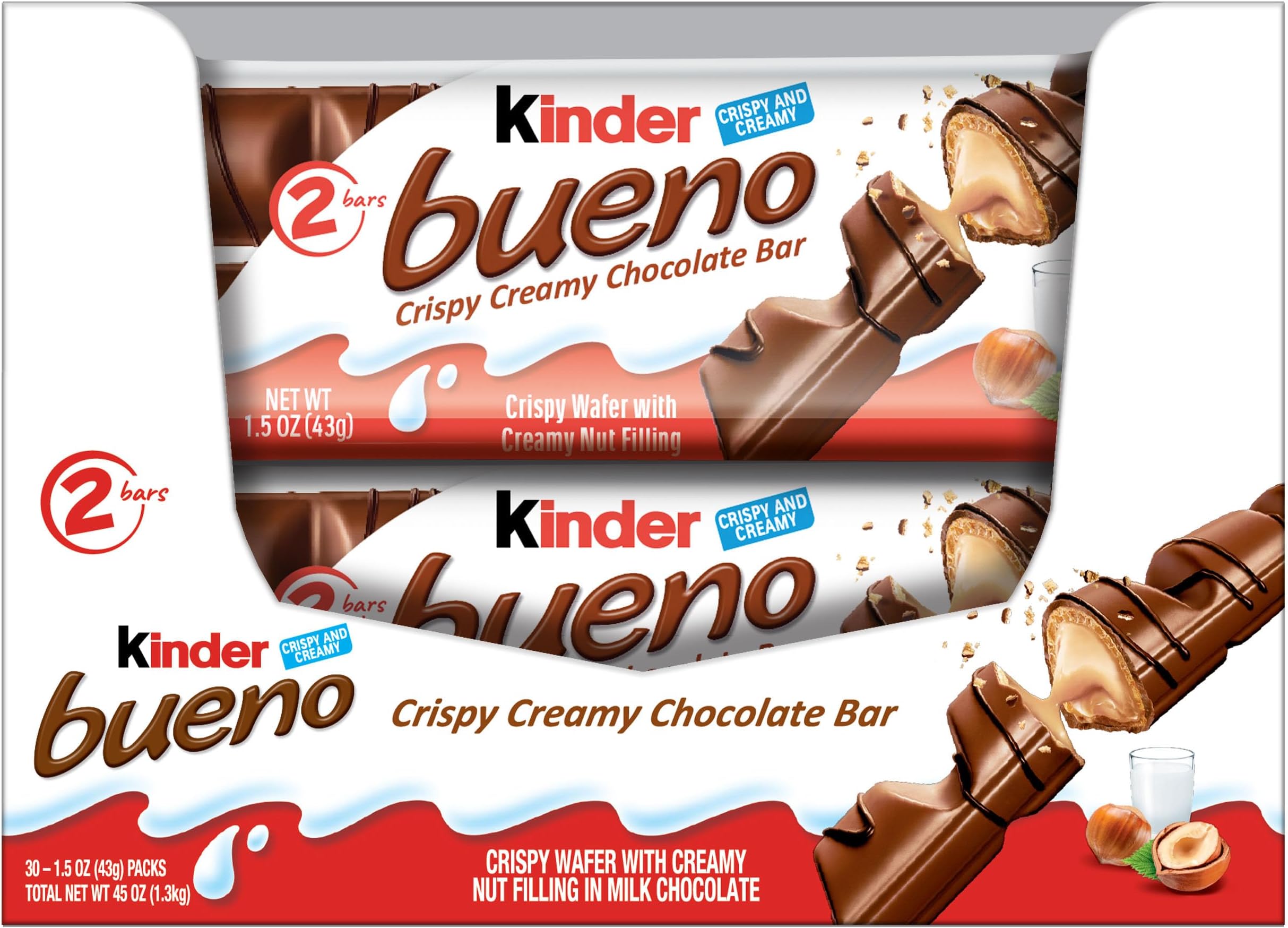 Amazon.com : Kinder Bueno Milk Chocolate and Hazelnut Cream, Bulk 30 ...
