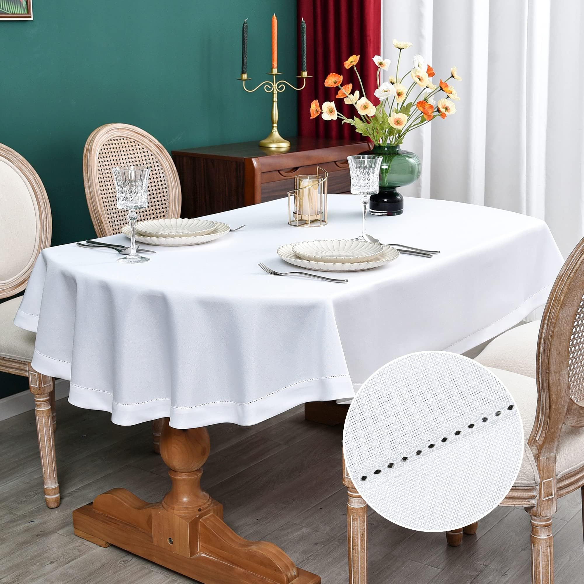 Amazon.com: mylacerhome Farmhouse Solid White Oval Tablecloth Hemstitch ...