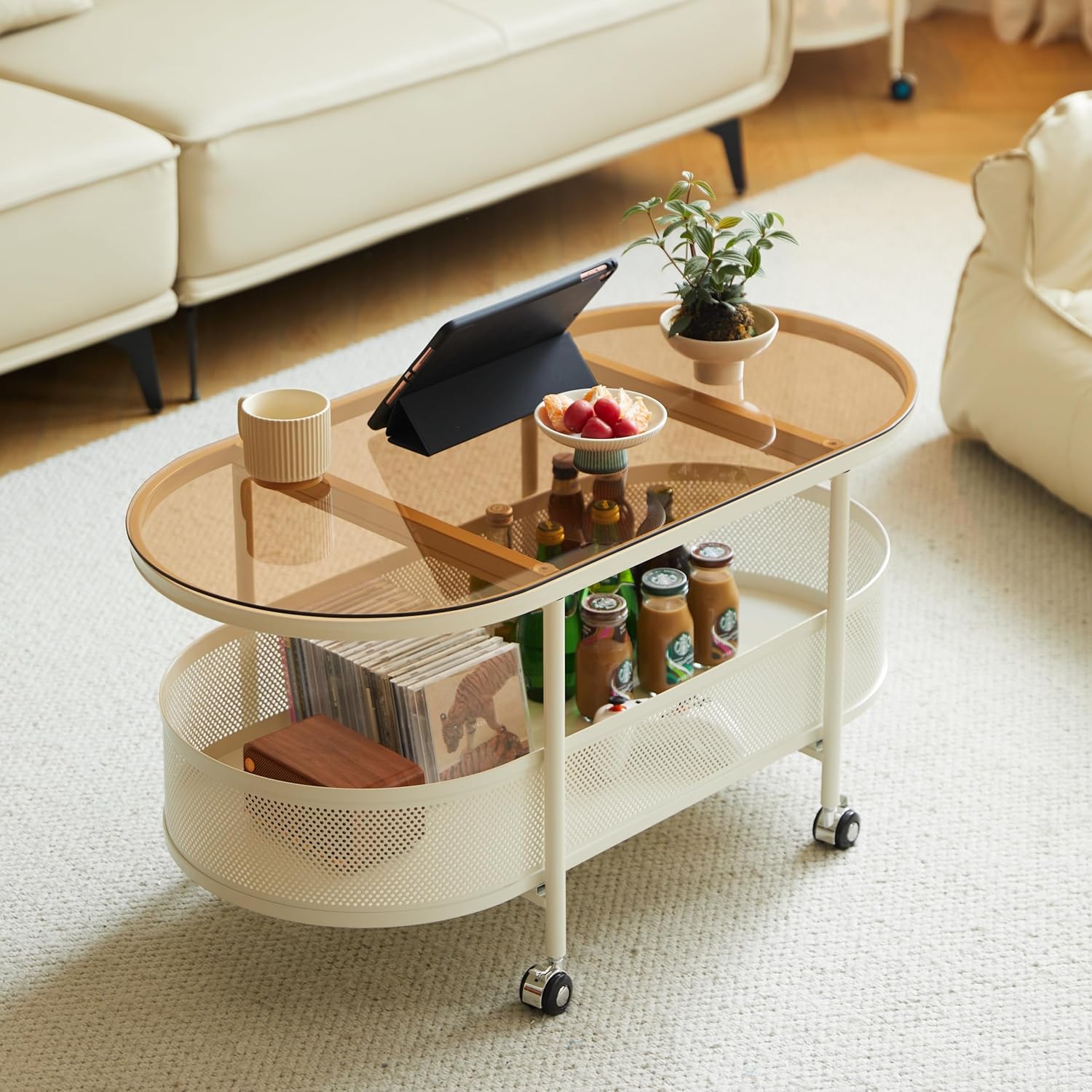 Amazon.com: SENZZ Glass Coffee Table with Wheels, Movable Small Coffee ...