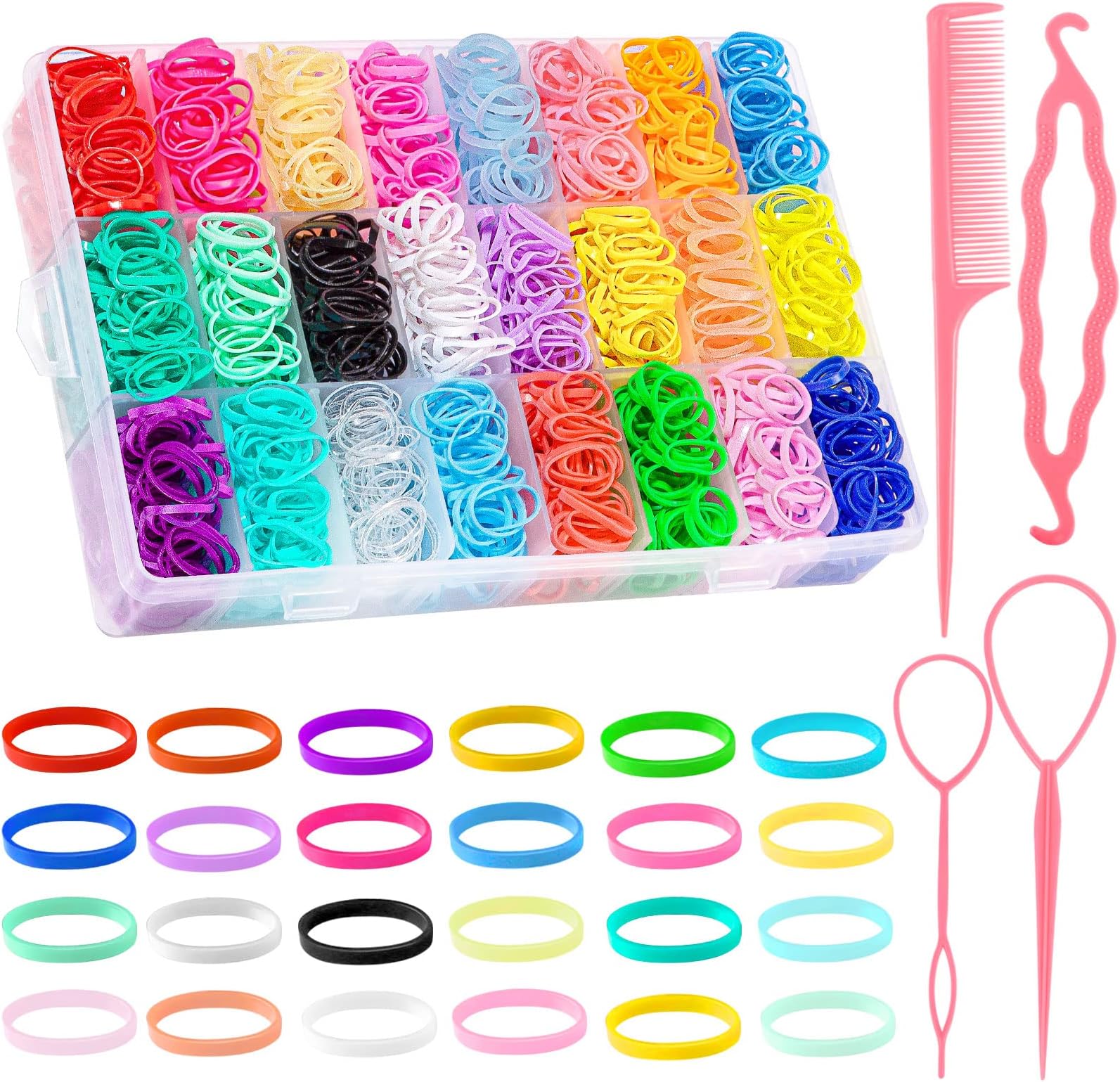 Amazon.com : 28 Colors Rubber Bands with 8 Hair Styling Tools, 1500 Pcs ...