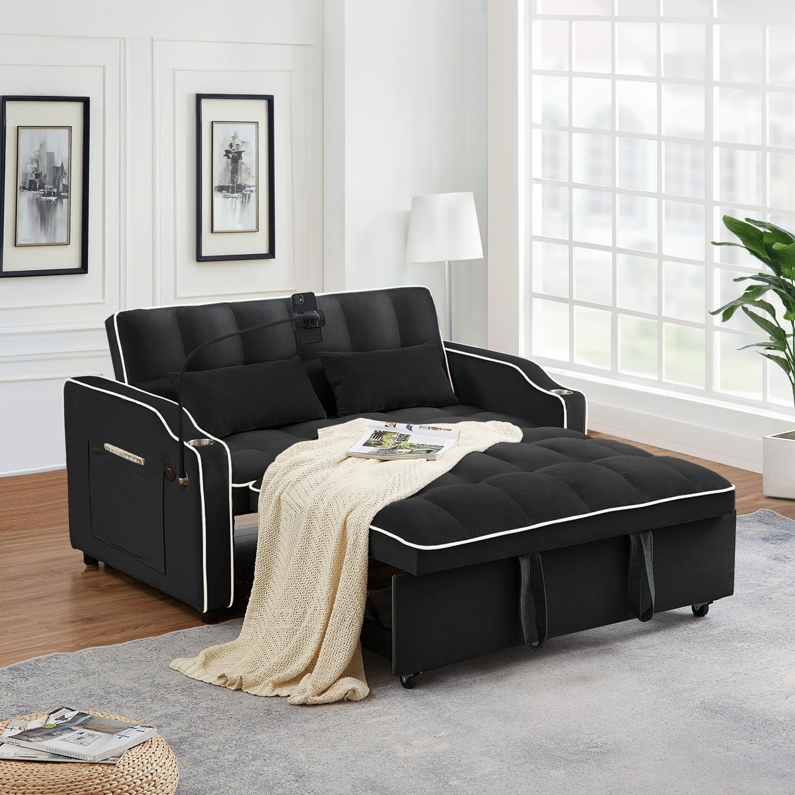 Amazon.com: Pull Out Sofa Bed with Phone Holder, 3 in 1 Velvet ...