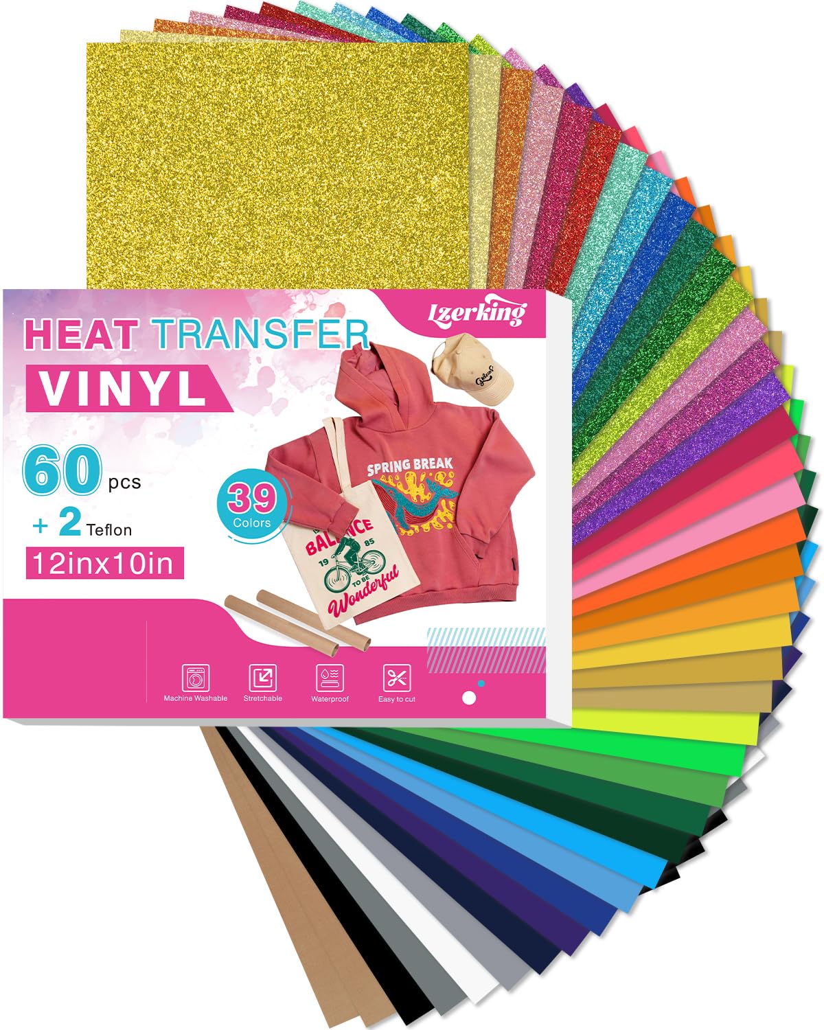 Amazon.com: Lzerking Heat Transfer Vinyl, 60 Pcs 12in x 10in Htv Vinyl ...