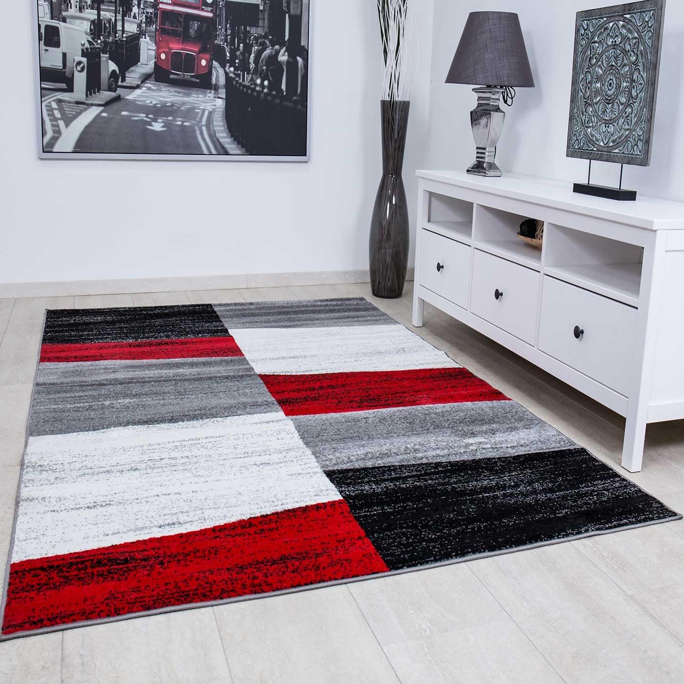 VIMODA Living Room Carpet Modern Geometric Pattern Mottled in Red Grey ...