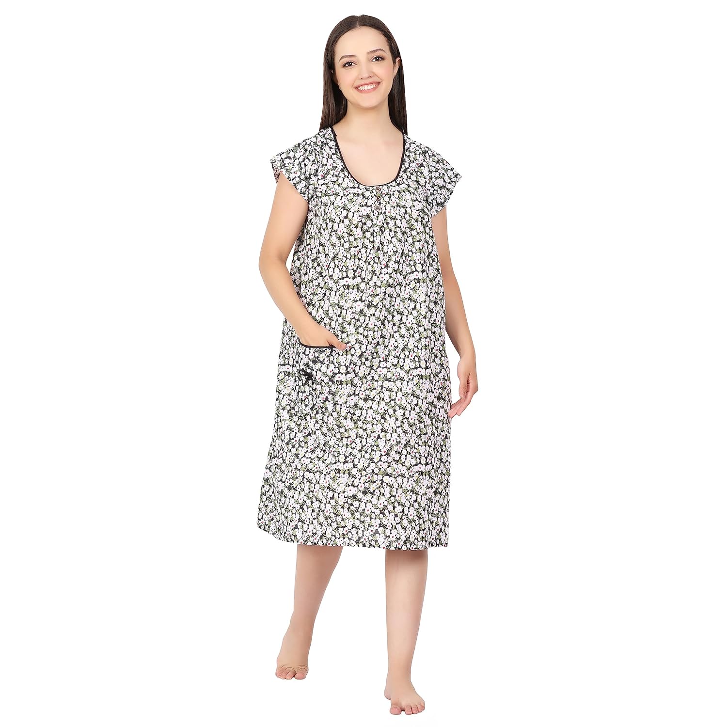 Buy Breezly Long Short Calf Length Pure Cotton Nighty Multicoloured at ...