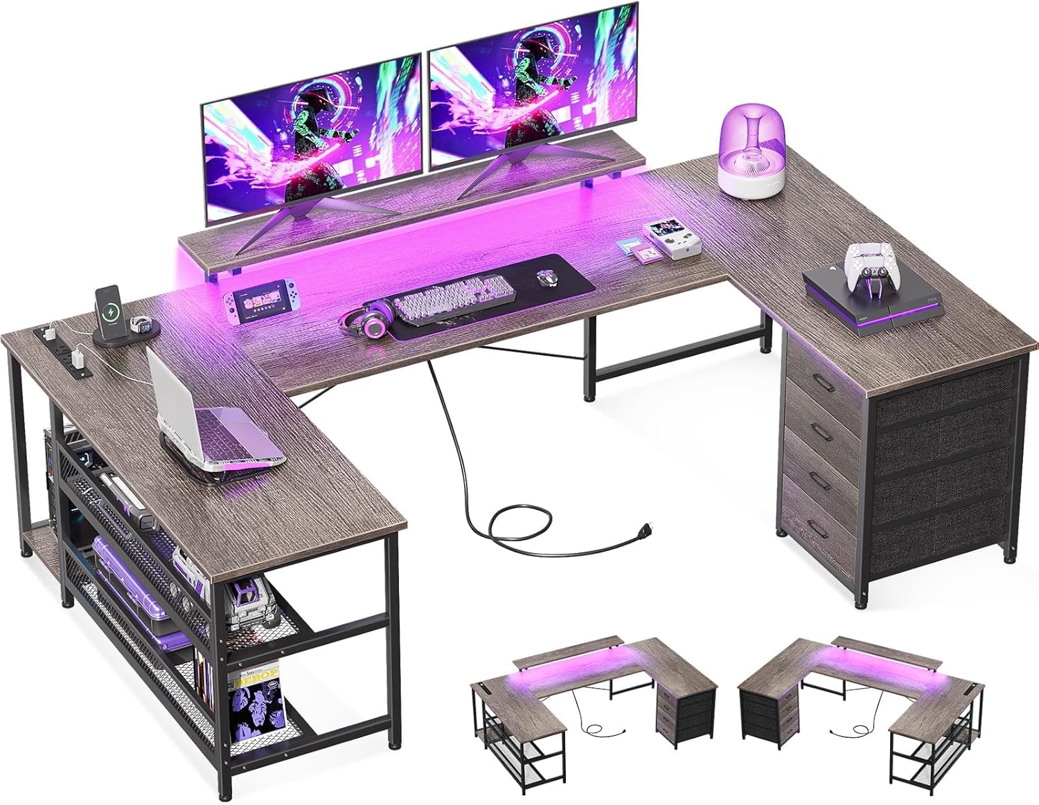 Amazon.com: ODK U Shaped Desk with Power Outlets & LED Strip & Monitor ...