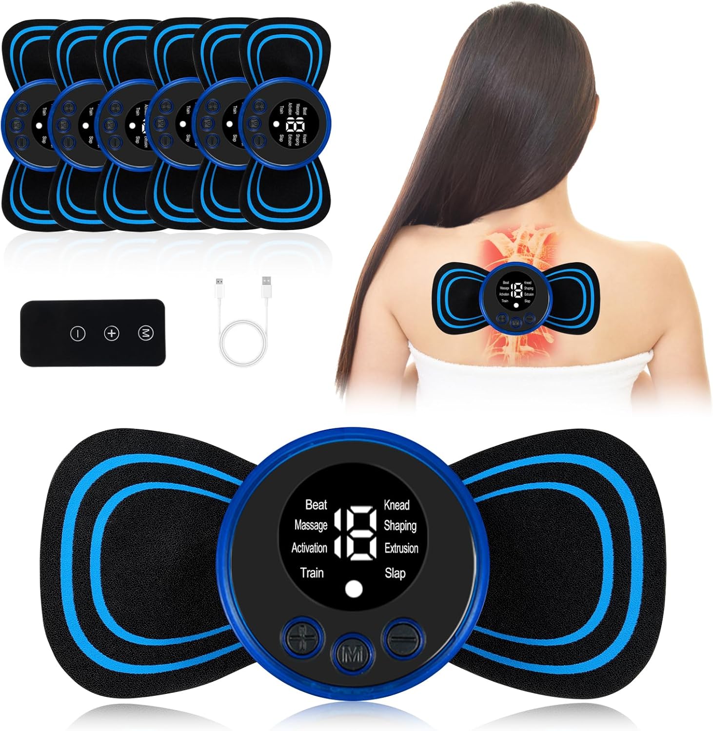 Pretfy Mini Neck Massager, 6PC EMS Body Massager, 8 Modes 19 Levels ...
