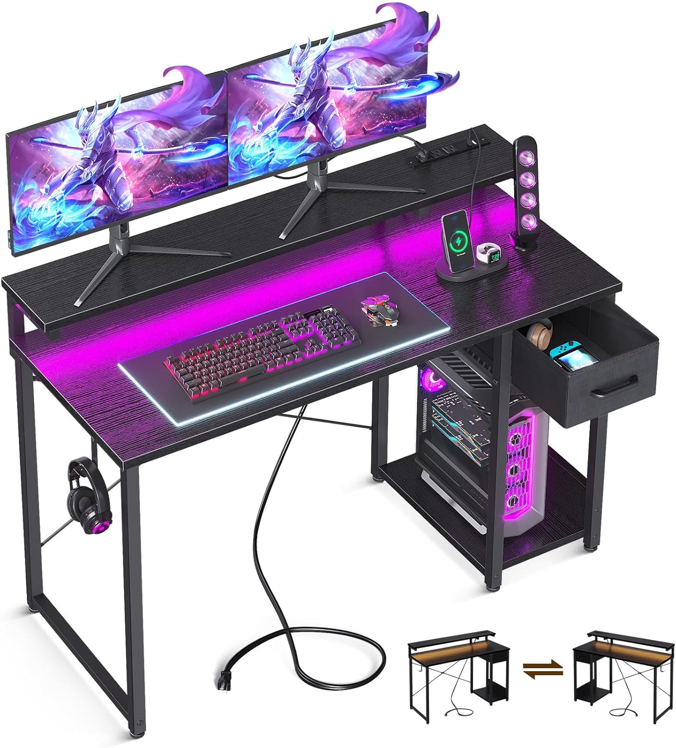 AODK Gaming Desk with LED Lights, 48 Inch Computer Desk with Drawers ...