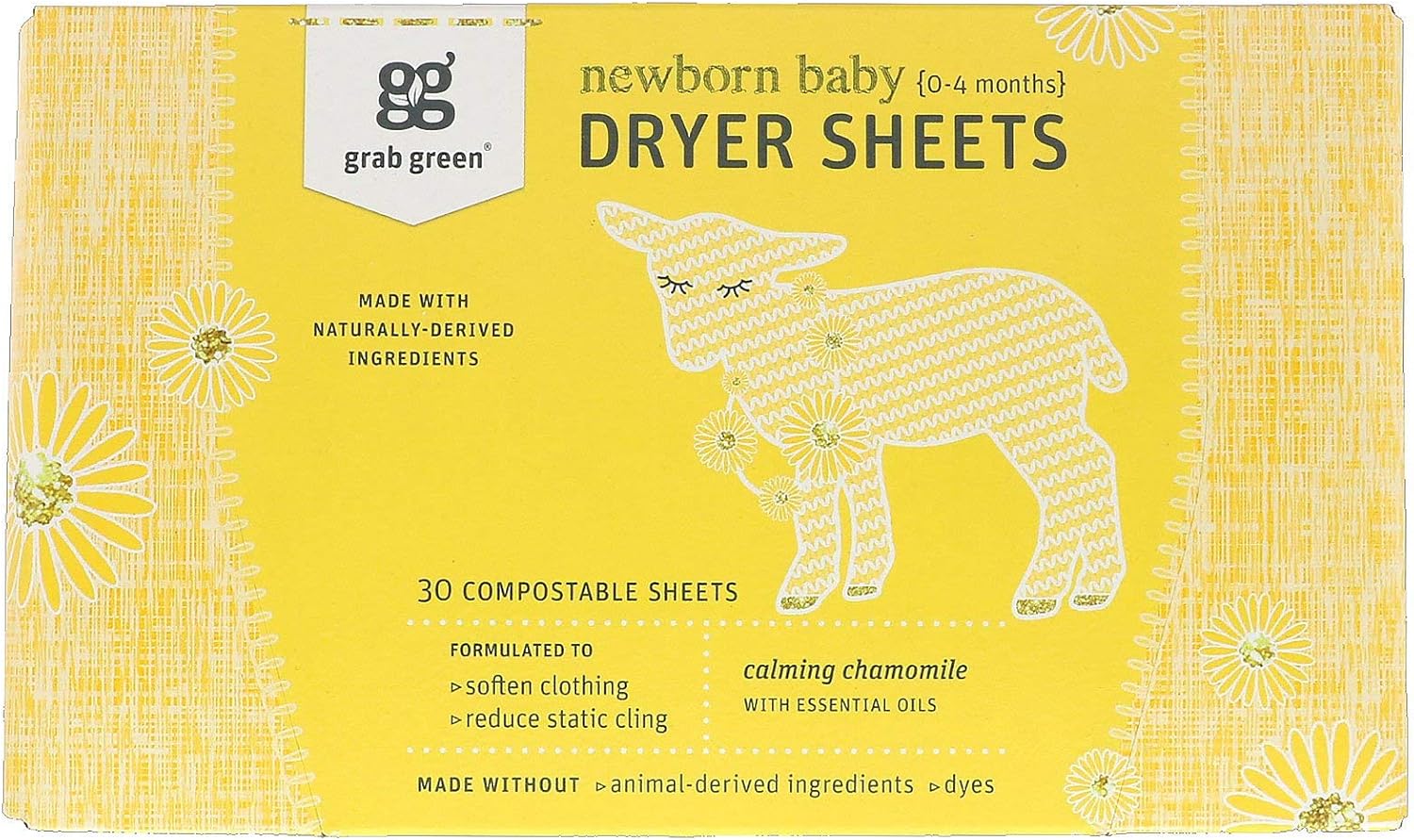 GRAB GREEN CALMING CHAMOMILE NEWBORN DRYER SHEETS 30 COMPOSTABLE SHEETS ...