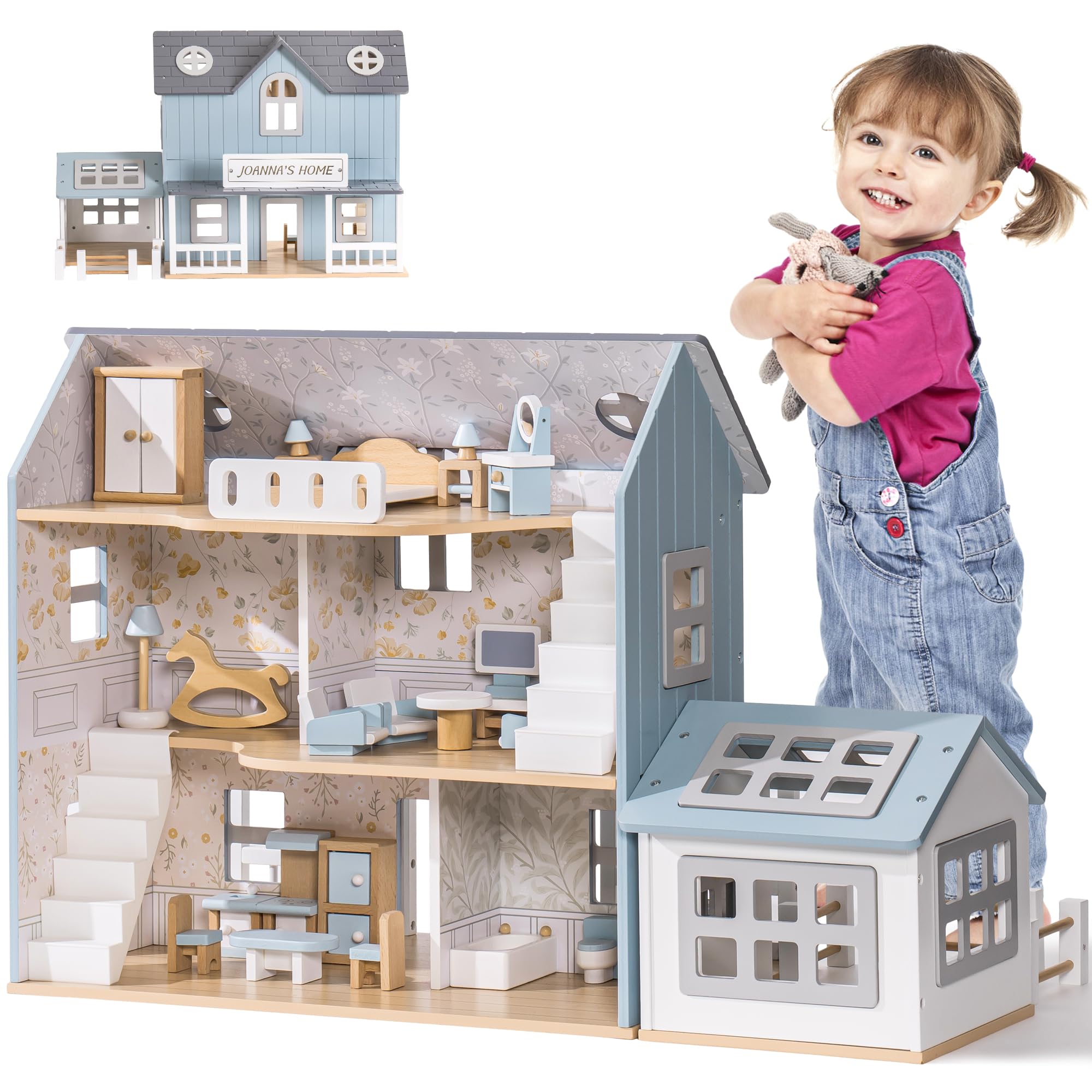 Amazon.com: ROBOTIME Dollhouse, Wooden Doll House with 25 Pieces of ...