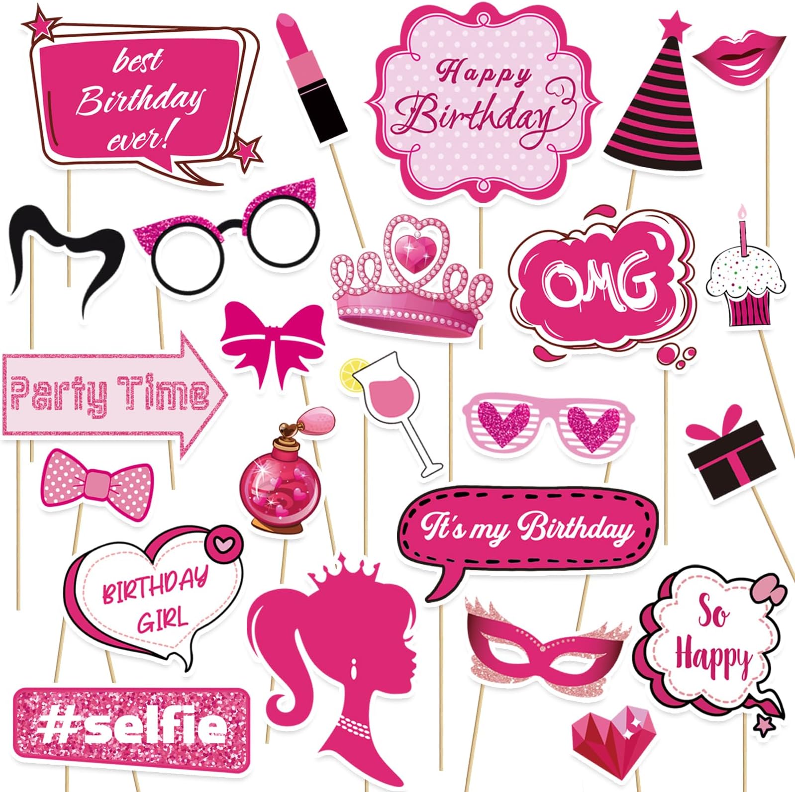 Amazon.com: SKJIAYEE 24 Pcs Pink Birthday Photo Booth Props Kit - Hot ...
