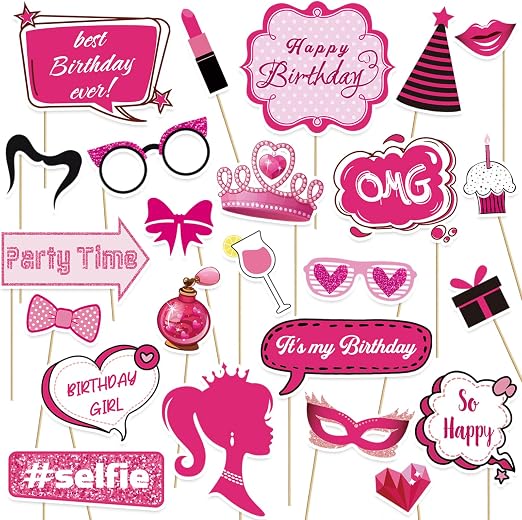Amazon.com: SKJIAYEE 24 Pcs Pink Birthday Photo Booth Props Kit - Hot ...