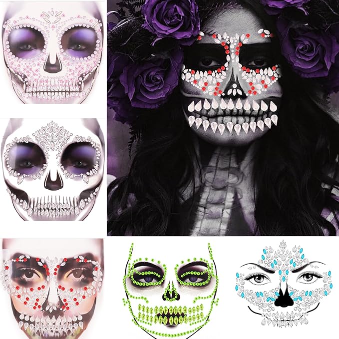 Amazon.com : HyperFun Day Of The Dead Face Jewels For Women 5 Pack ...