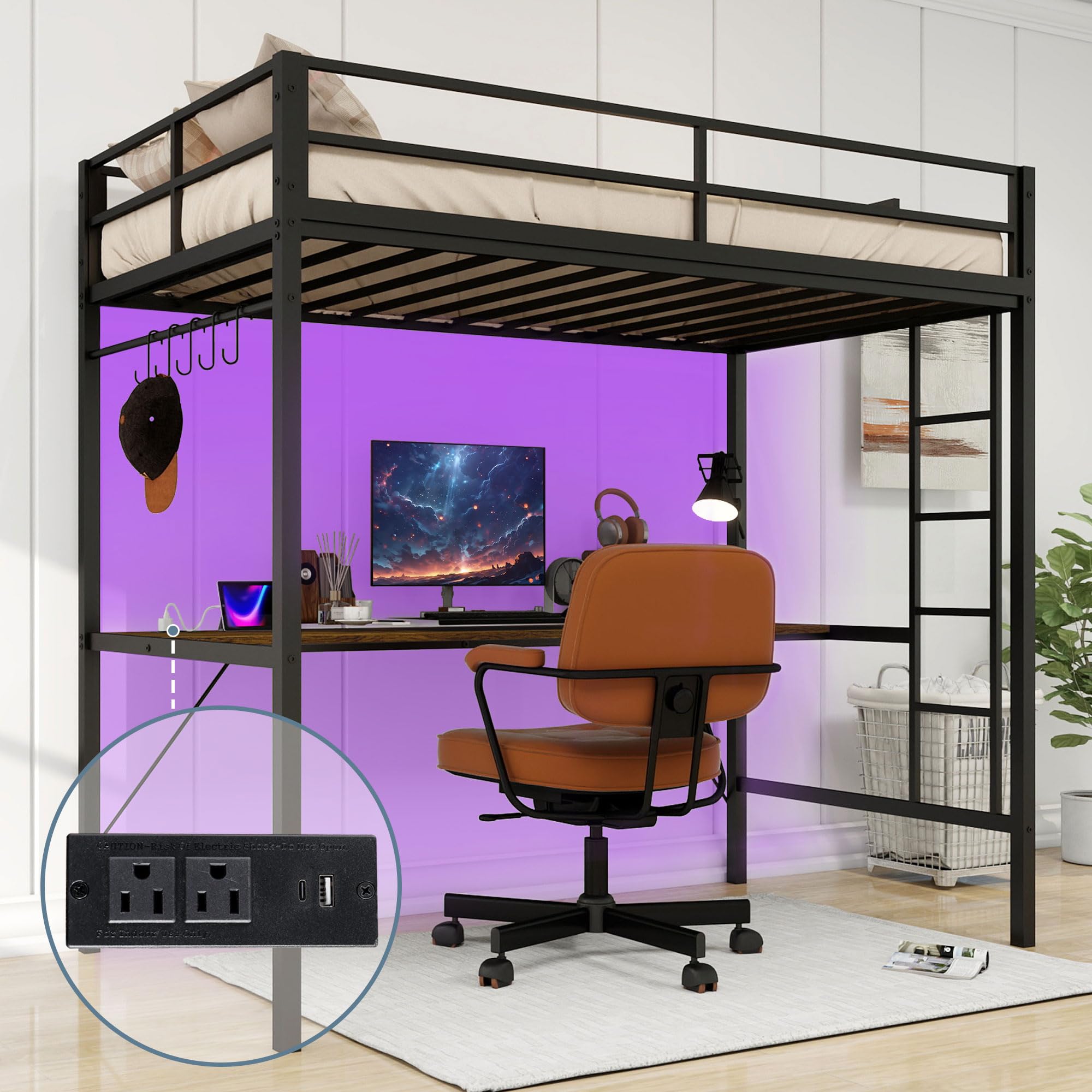 Amazon.com: Rotihom Twin Loft Bed with Desk and LED Lights, Twin Size ...