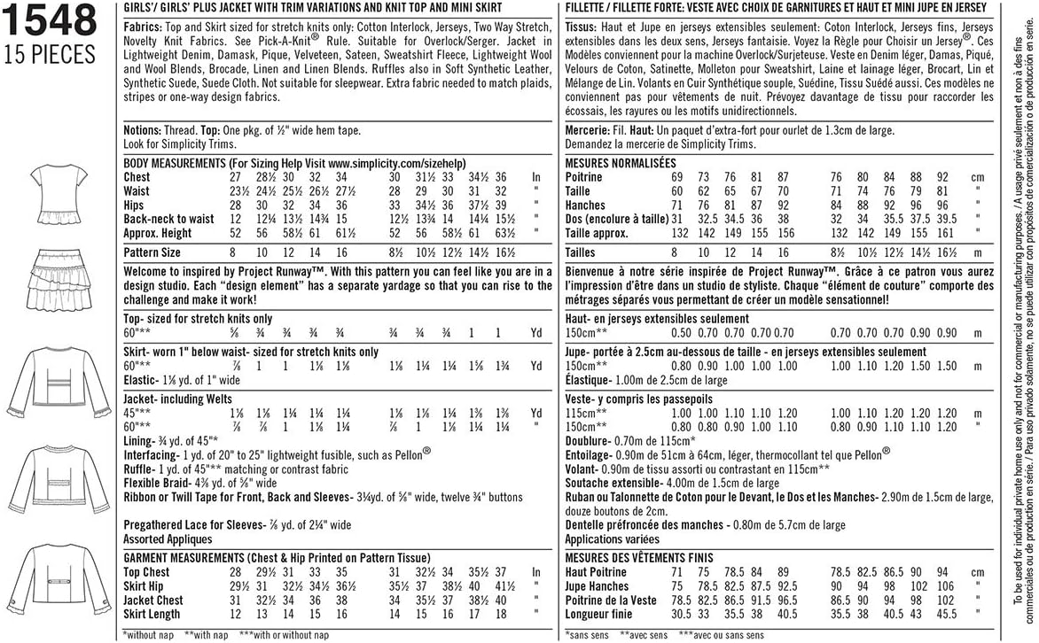 Amazon.com: Simplicity Project Runway Pattern 1548 Girls Jacket with ...