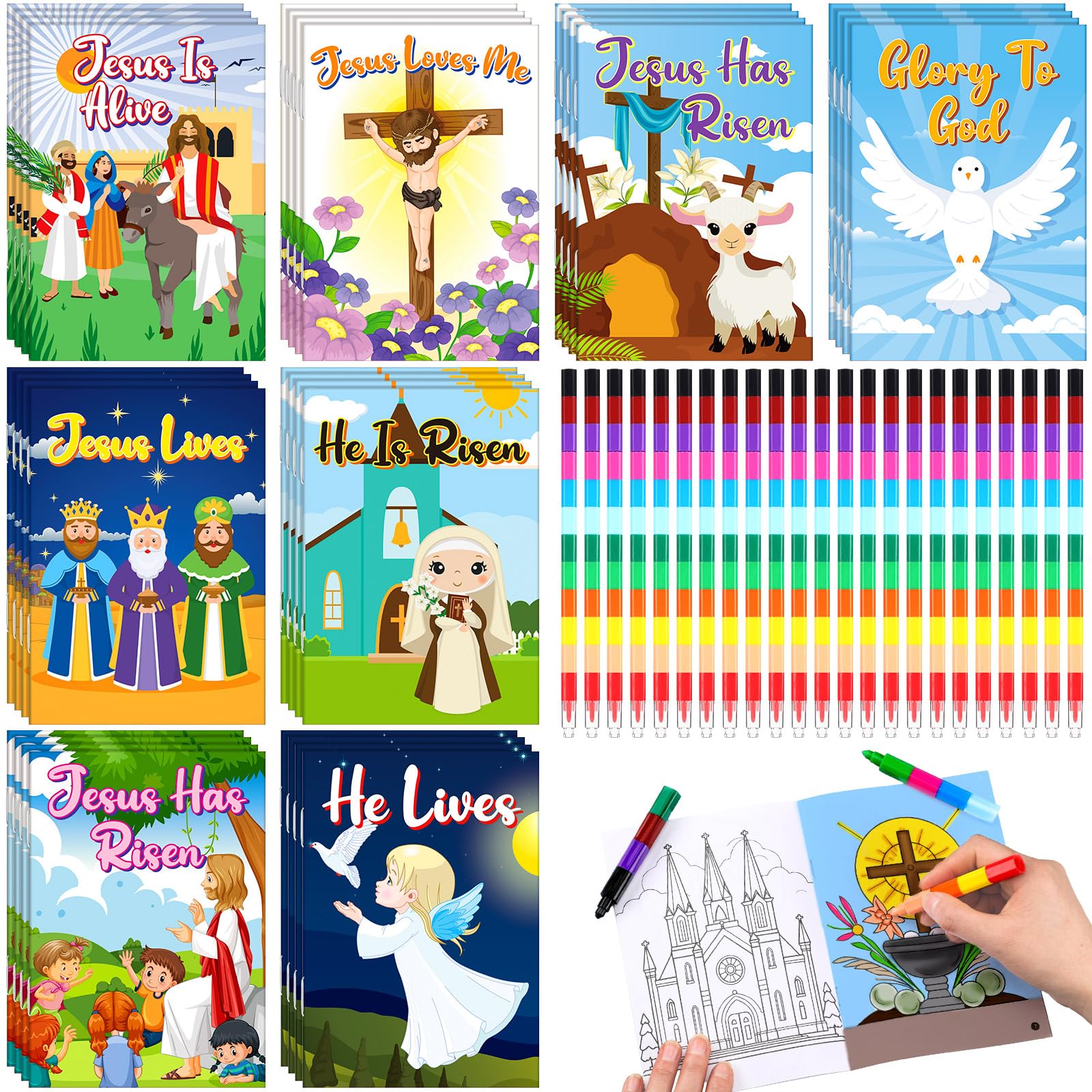 32 Pcs Easter Jesus Cross Coloring Book with 32 Pcs Stacking Crayons ...