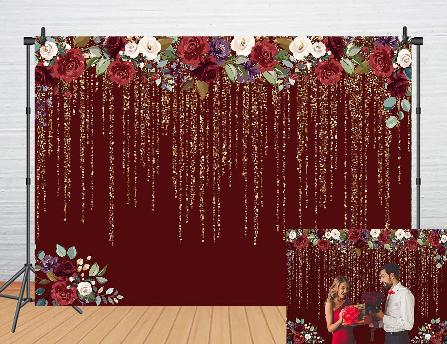 Buy DANIU Red Flowers Flowers Wedding Backdrop 6x4FTGolden Glitter ...