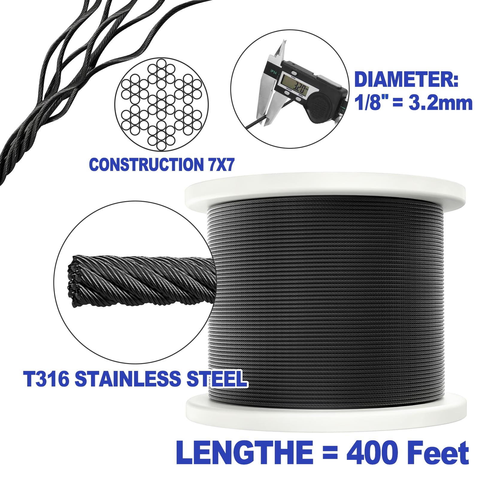 Snapklik.com : 400FT 1/8" Black Stainless Steel Cable For Railing, T316 ...